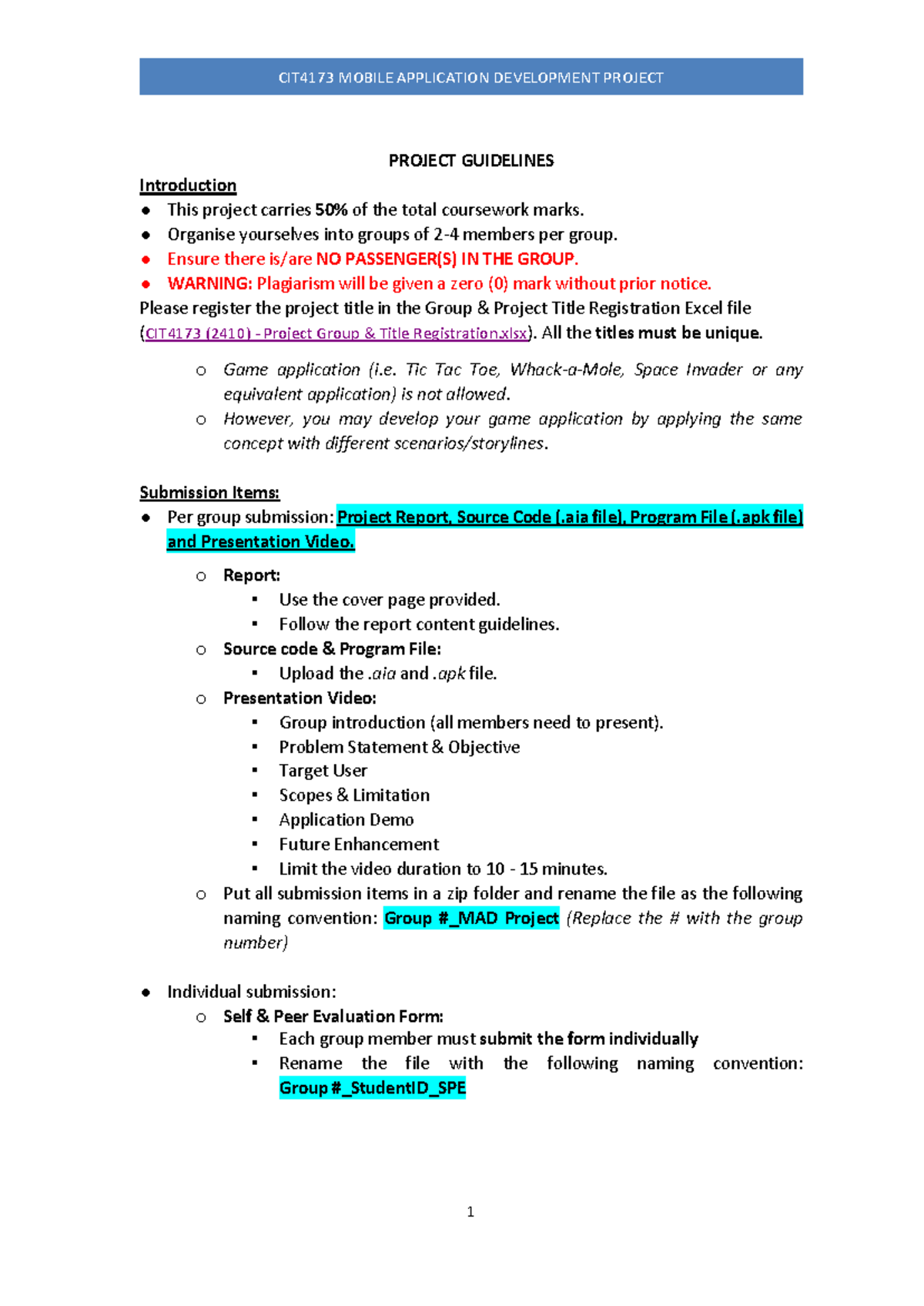 Project Guidelines - 1 CIT4 173 MOBILE APPLICATION DEVELOPMENT PROJECT PROJECT GUIDELINES - Studocu
