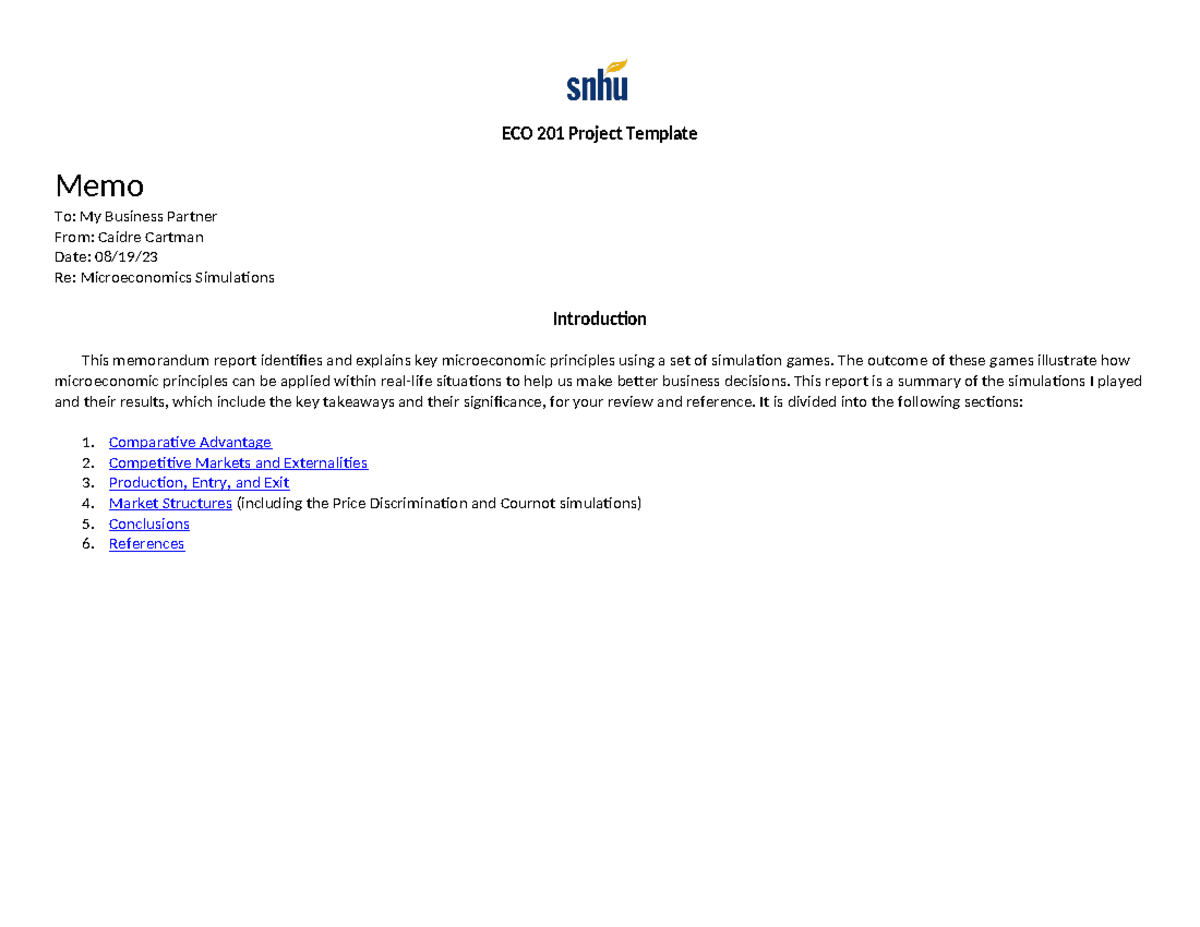 ECO 201 Project - n/a - ECO 201 Project Template Memo To: My Business ...