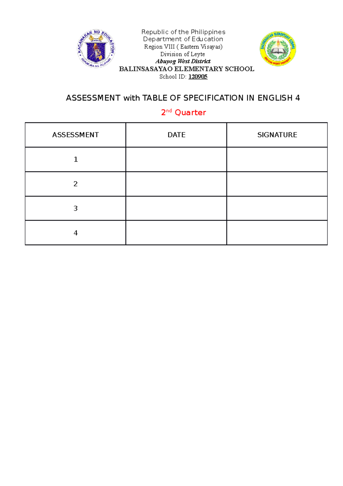 Grade 4 English Summative 1- 2nd Quarter - Republic of the Philippines Department of Education ...