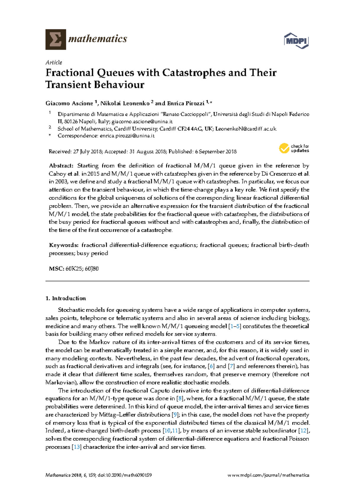 Fractional Queues with Catastrophes and Their Transient Behaviour ...