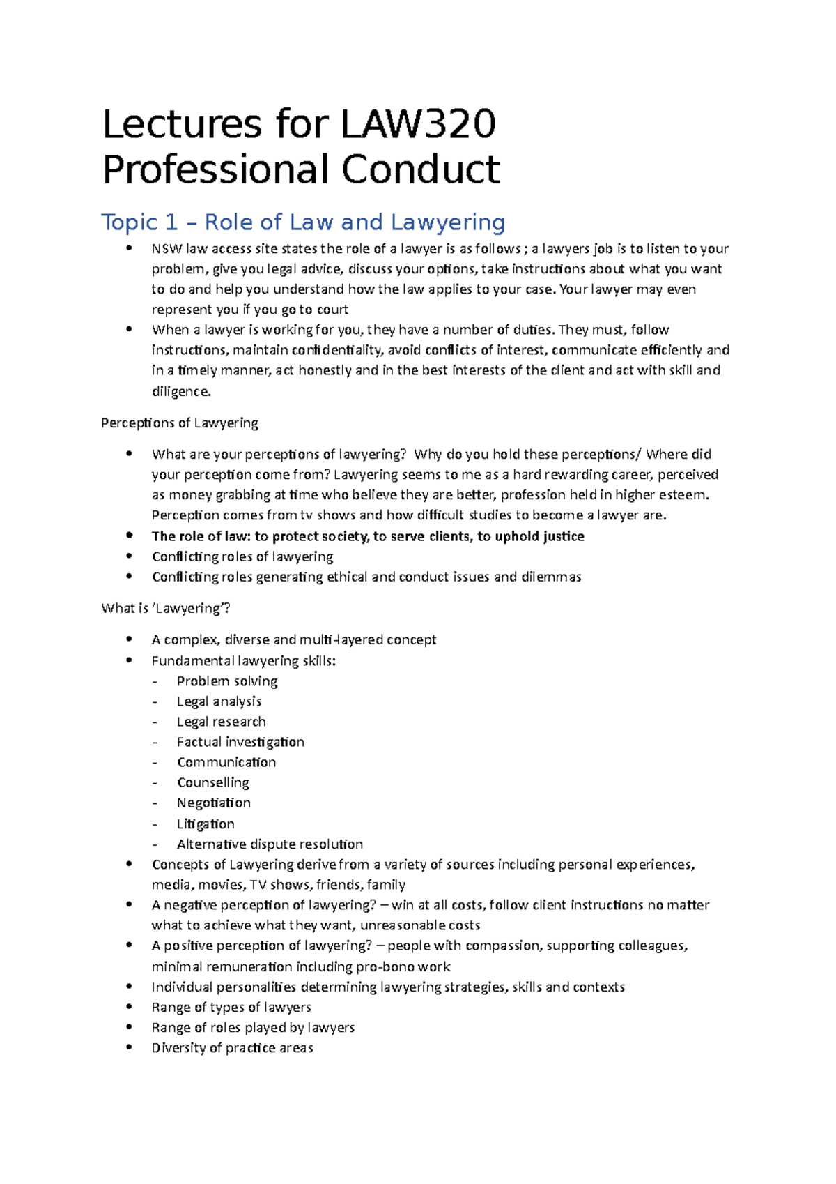 Lecture Notes for LAW320 - Lectures for LAW Professional Conduct Topic ...