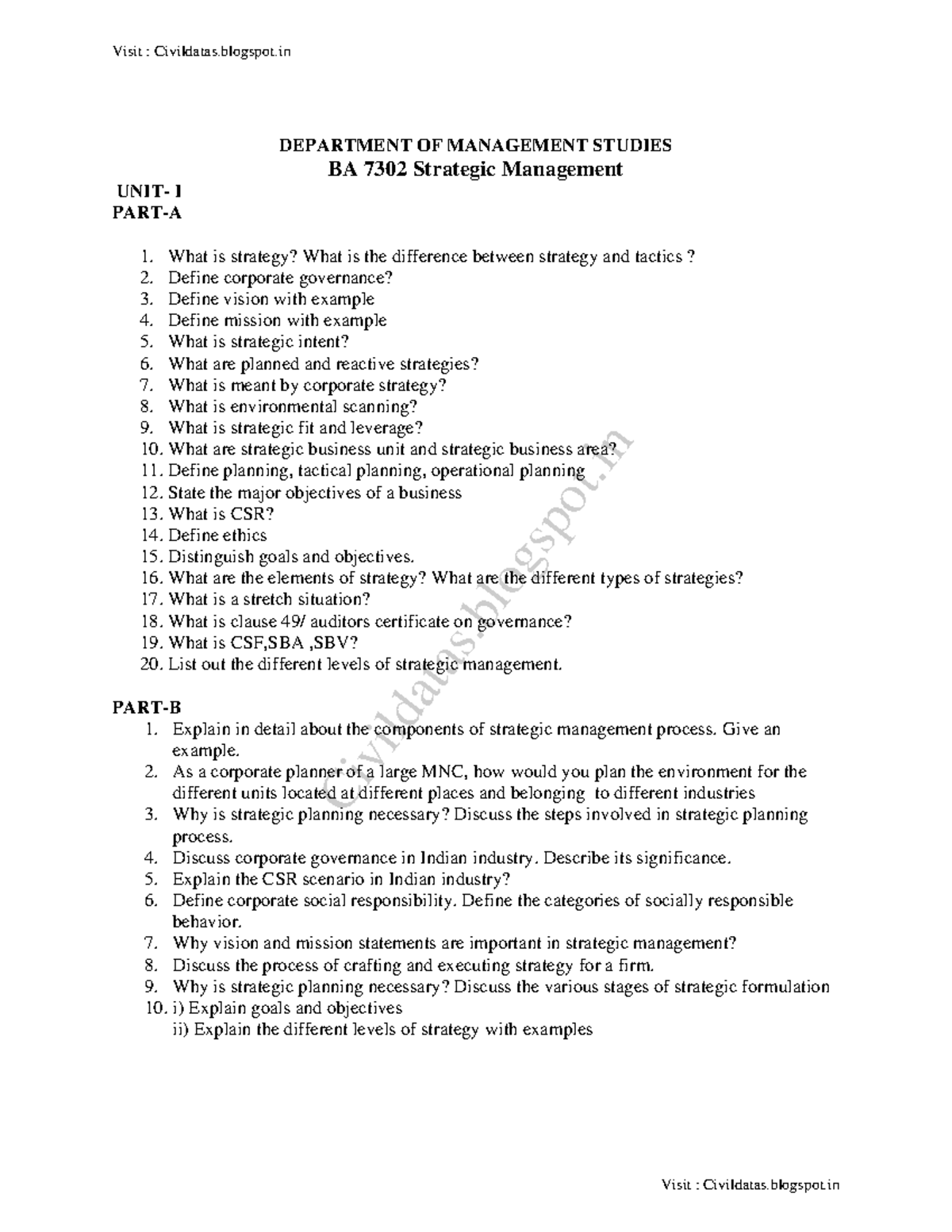 BA7302-Strategic Management question bank edited - DEPARTMENT OF ...