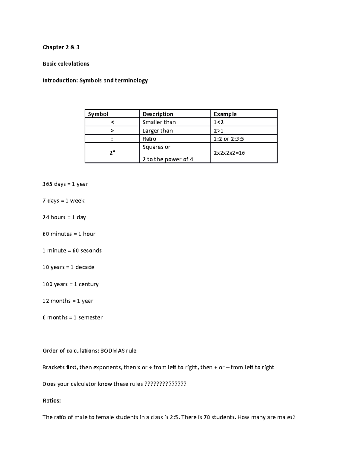 Chapter 2 & 3 basic calc and ratios - Chapter 2 & 3 Basic calculations ...