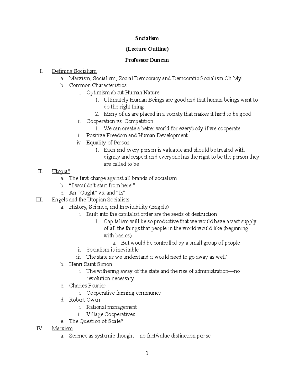 Socialism Lecture - Socialism (Lecture Outline) Professor Duncan I ...
