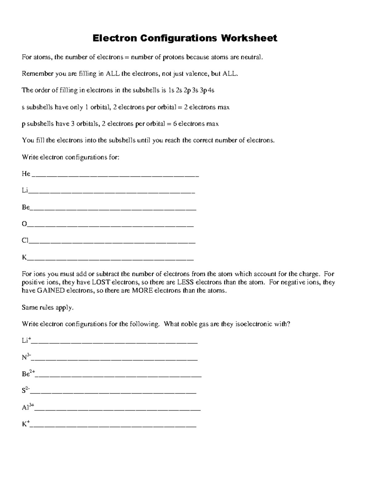 Electron Configuration of Atoms and Ions Worksheet With ANswers ...