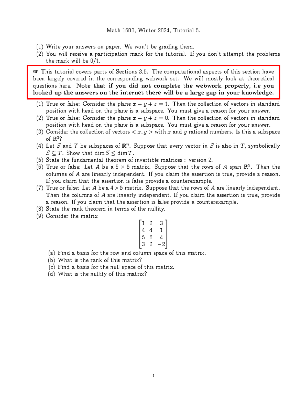 Tutorial 5 - Math 1600, Winter 2024, Tutorial 5. (1) Write your answers ...