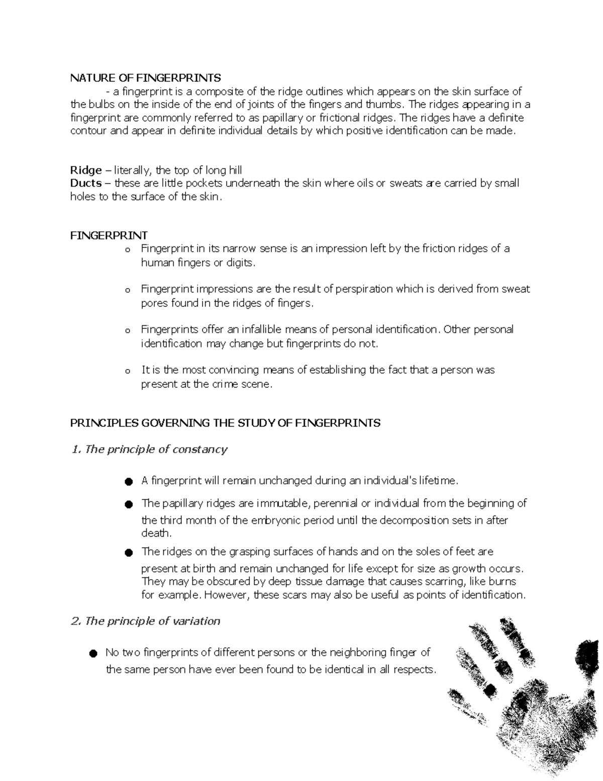 Principles of Fingerprint - NATURE OF FINGERPRINTS a fingerprint is a ...