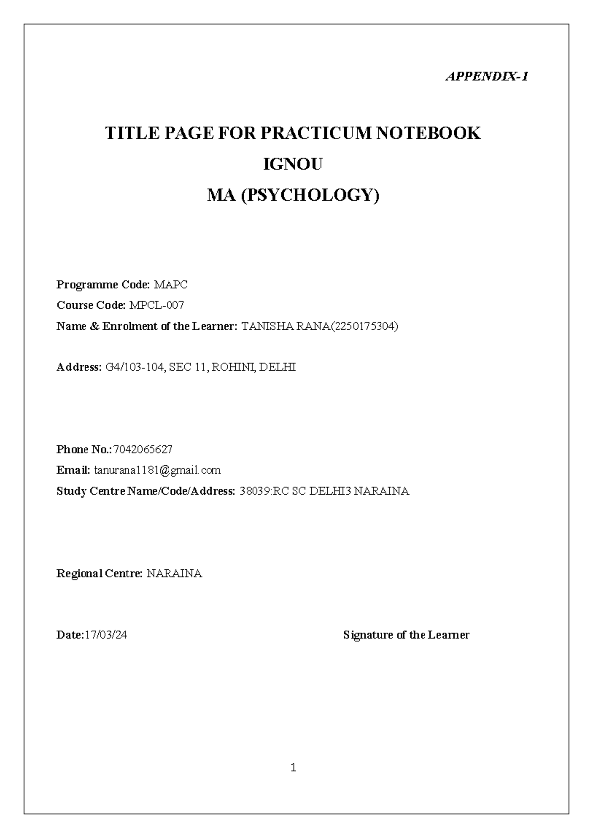 MPCL 007 practical file - APPENDIX- TITLE PAGE FOR PRACTICUM NOTEBOOK IGNOU MA (PSYCHOLOGY ...