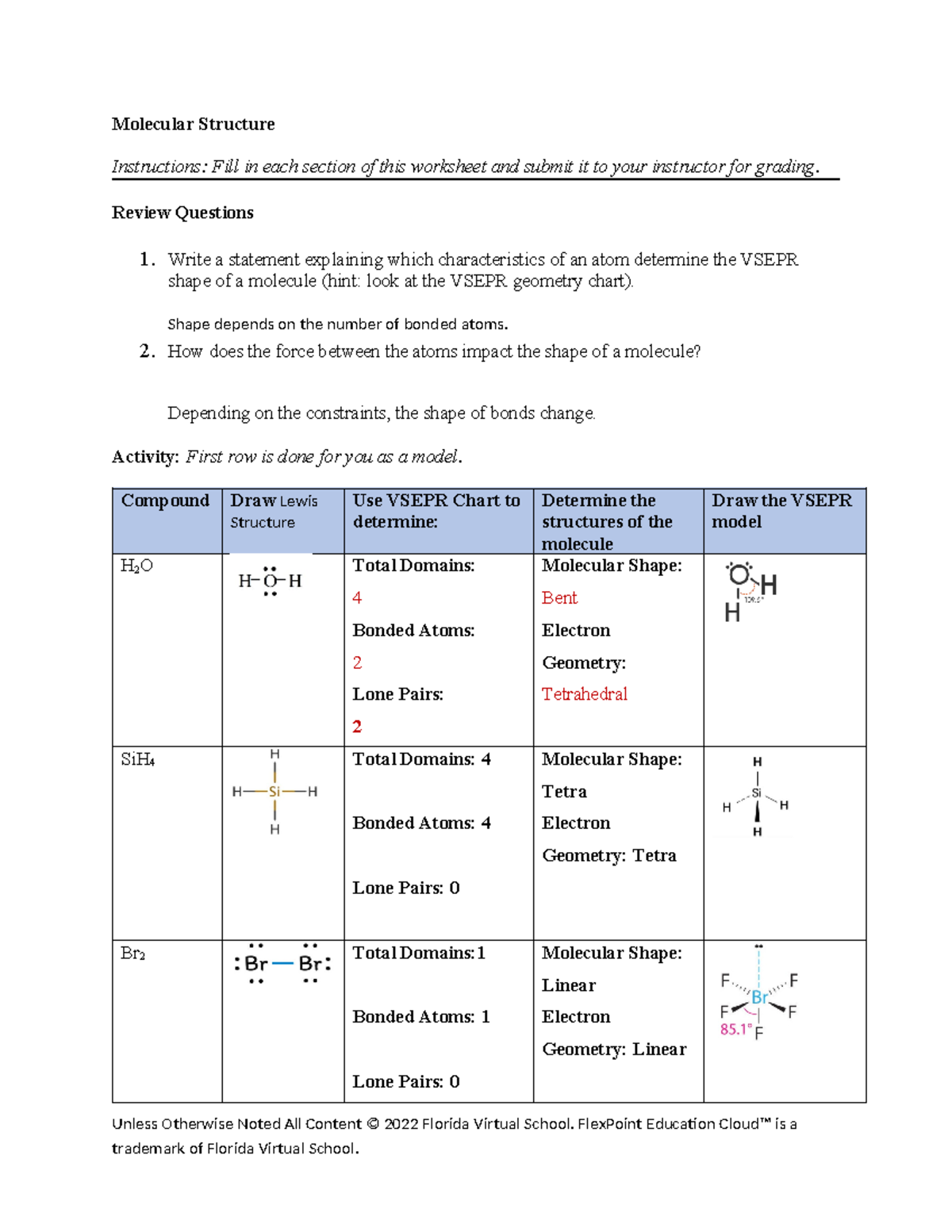 Molecular structure worksheet Jupiter - Molecular Structure ...