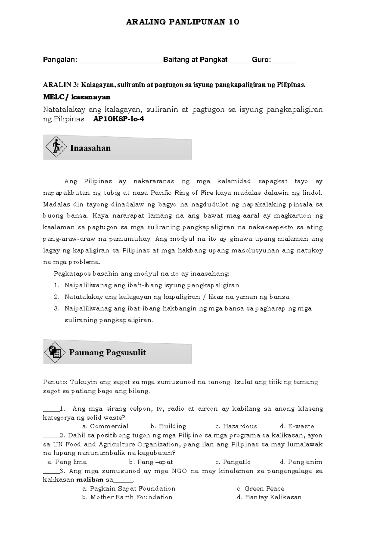 Araling Panlipunan 10 Week 3 - ARALING PANLIPUNAN 10 Pangalan: _______________Baitang at Pangkat ...