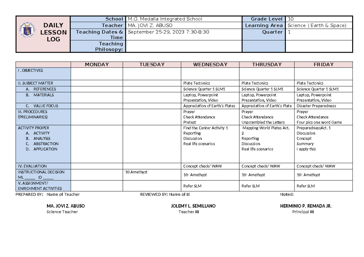 DLL week 2 - DAILY LESSON LOG School M. Medalla Integrated School Grade ...