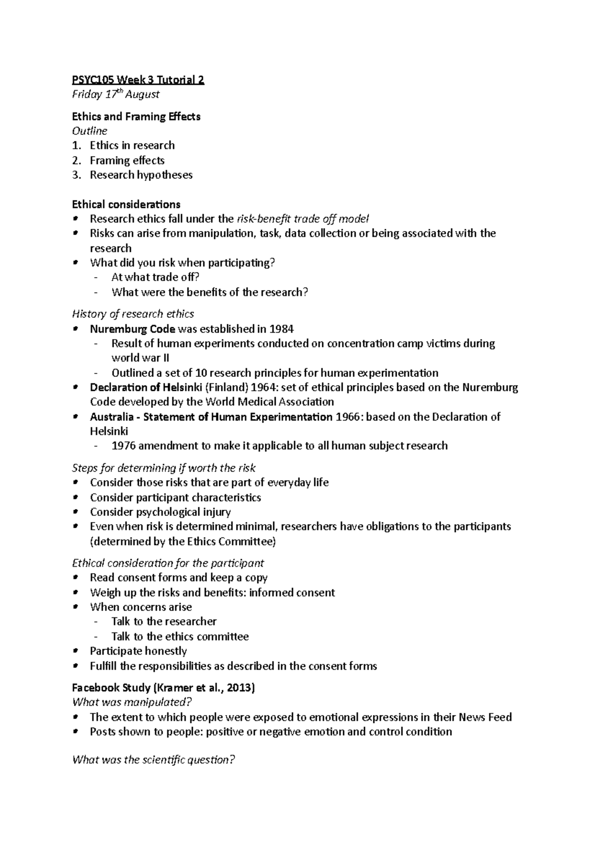 PSYC105 W3 P2 - Tutorial notes - PSYC105 Week 3 Tutorial 2 Friday 17th ...