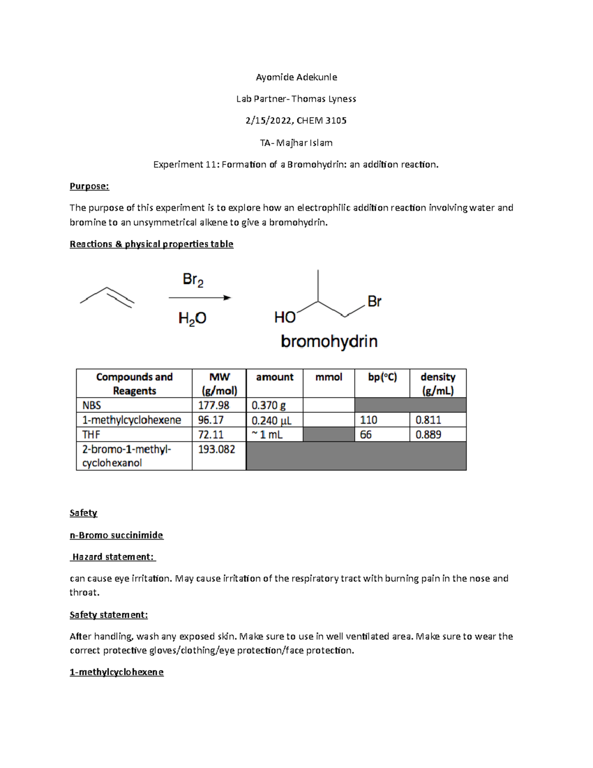 Organic chemistry 11 - Formation of a Bromohydrin: an addition reaction ...