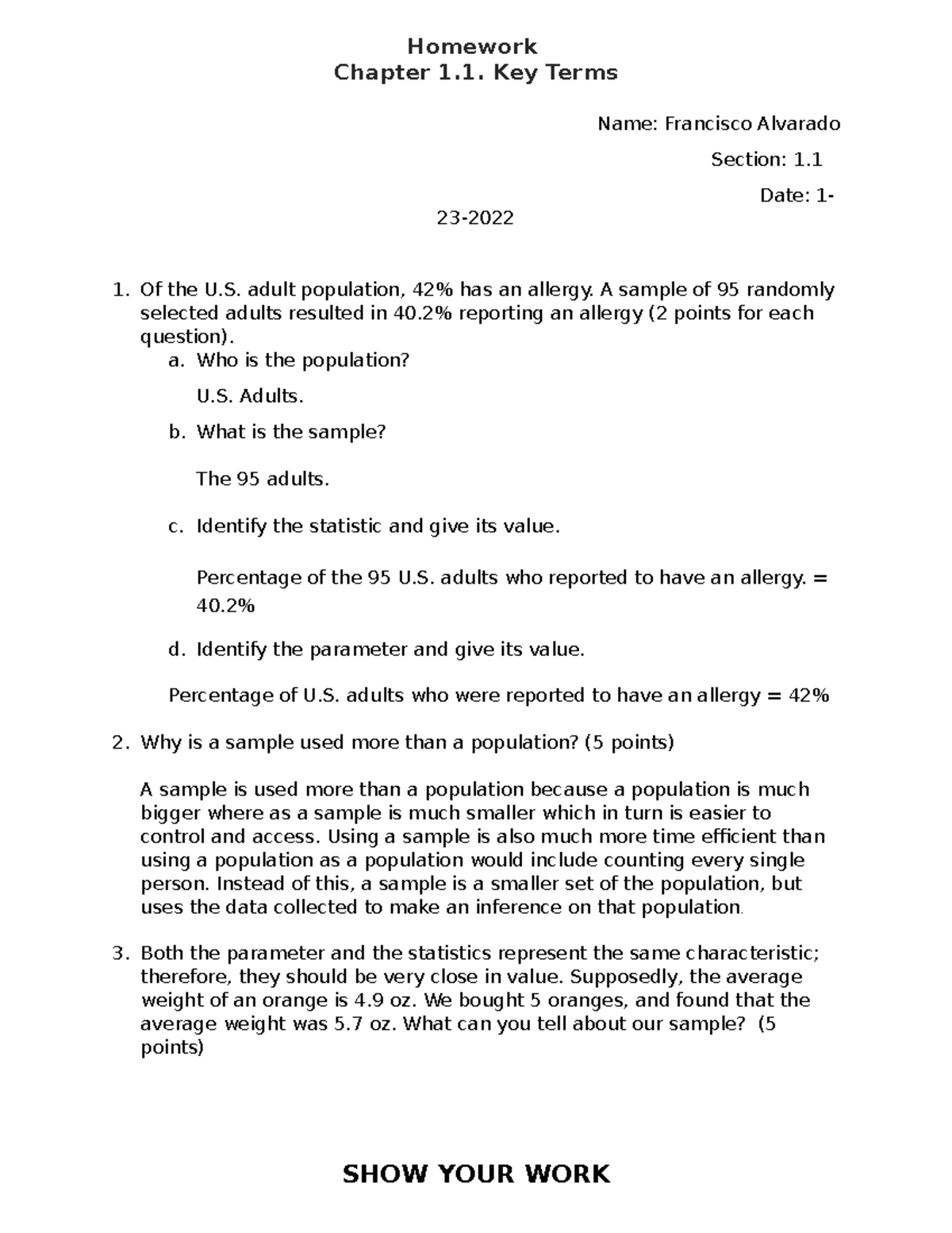 Homework 1.1 Statistics - Homework Chapter 1. Key Terms Name: Francisco ...