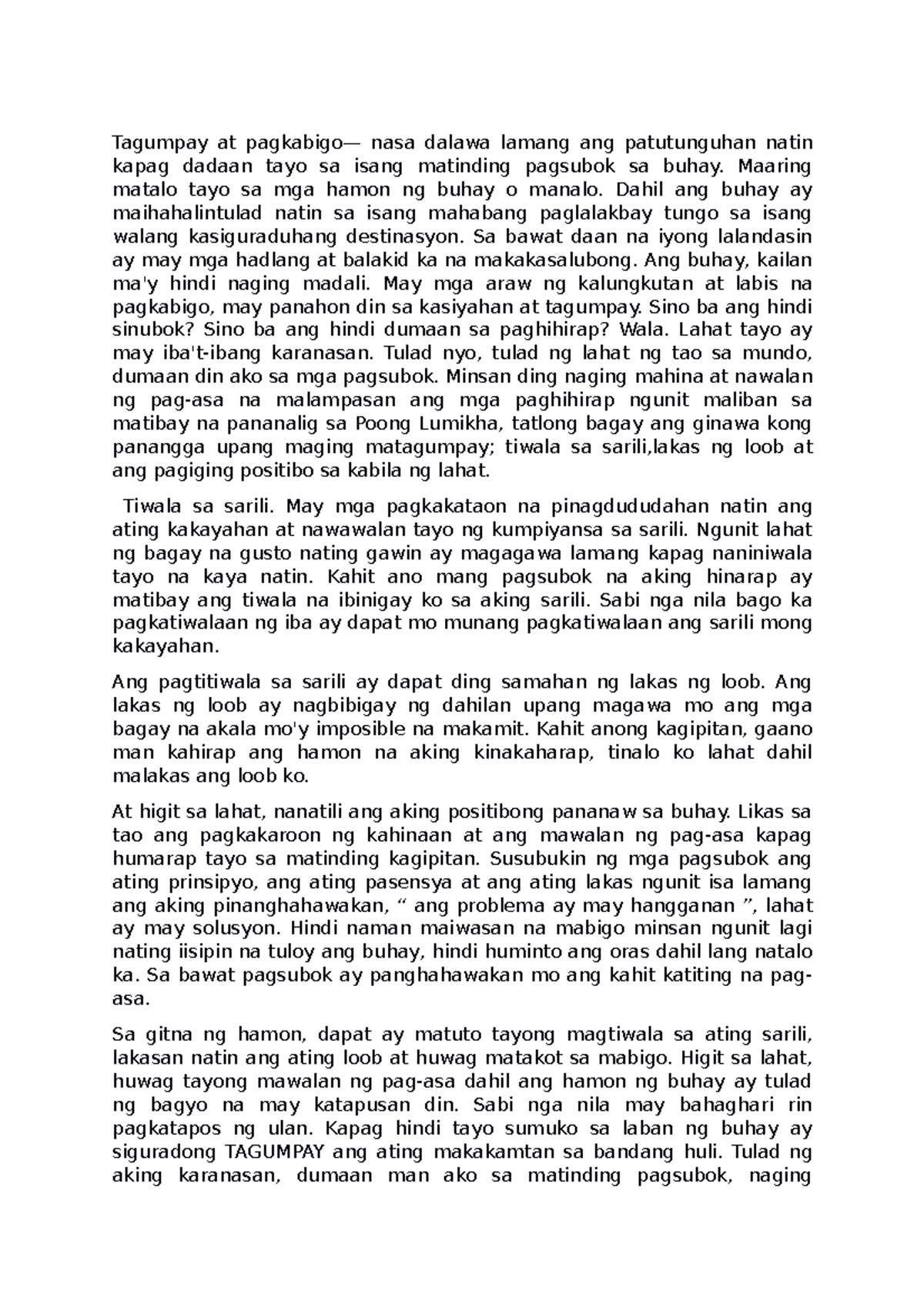 Paglalahad (Diskurso) - Tagumpay at pagkabigo— nasa dalawa lamang ang ...