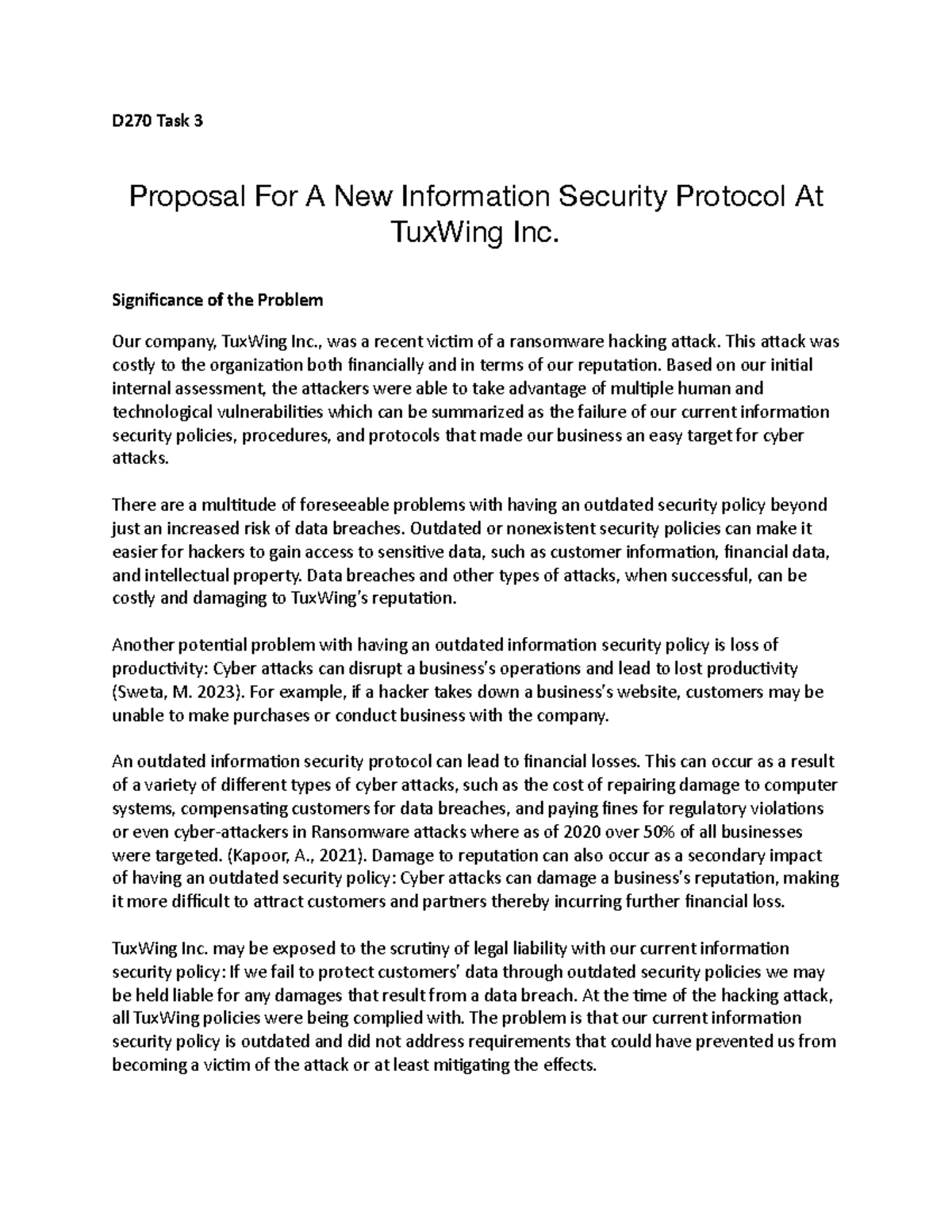 Task 3 passed D270 - Proposal for new information security protocol D270 - D270 Task 3 Proposal ...
