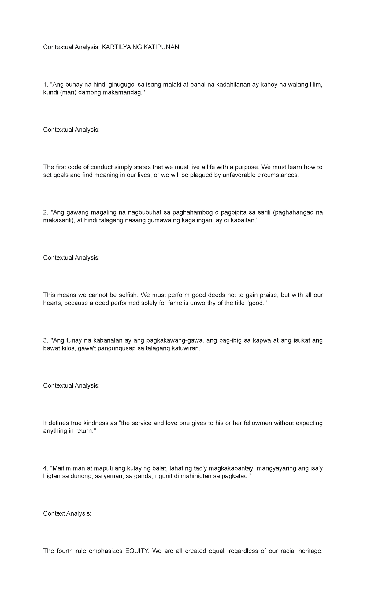 Filipino - Lectures - Contextual Analysis: KARTILYA NG KATIPUNAN “Ang buhay na hindi ginugugol ...