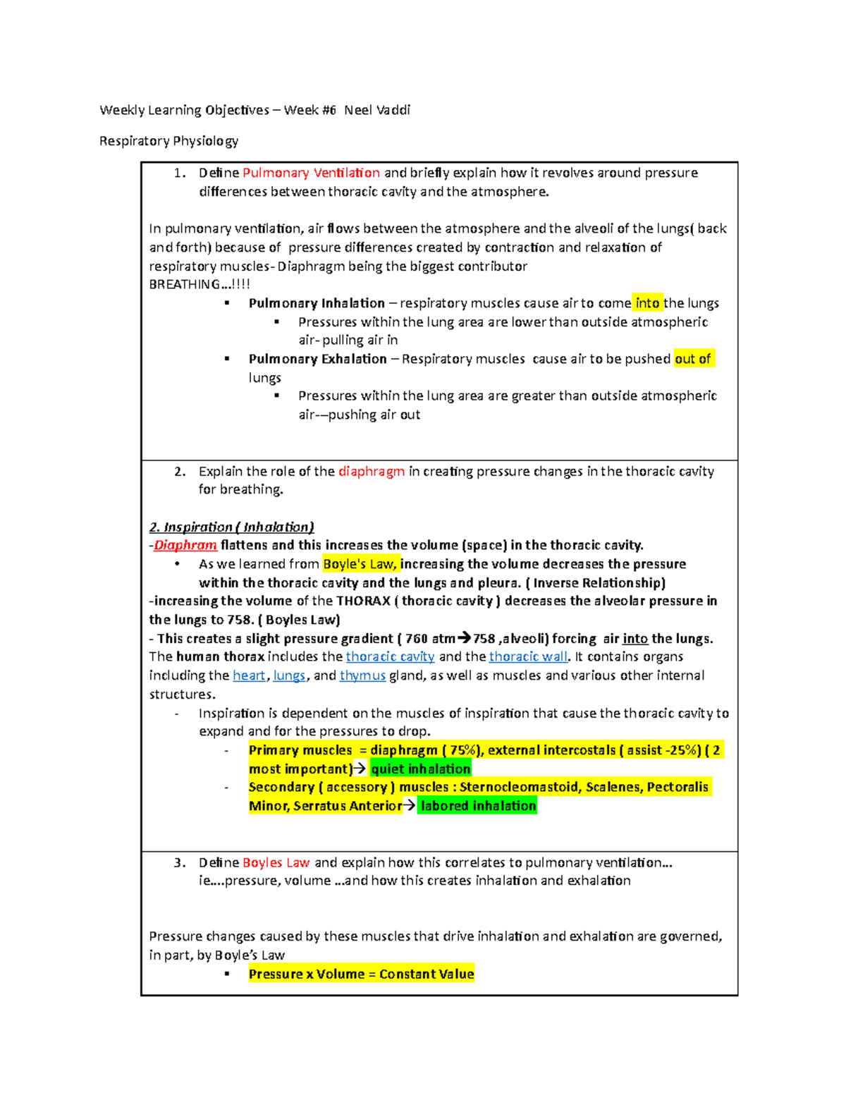 Weekly#6 - Learning Objectives - Respiratory Physiology - Weekly ...