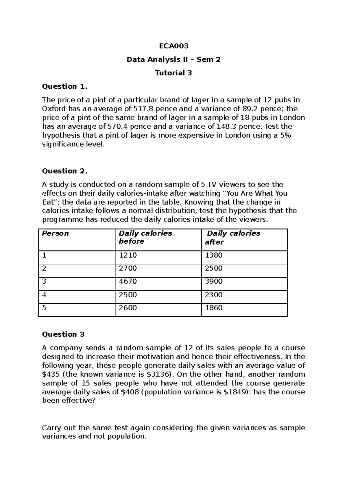 Tutorial 3 - questions - ECA Data Analysis II – Sem 2 Tutorial 3 ...