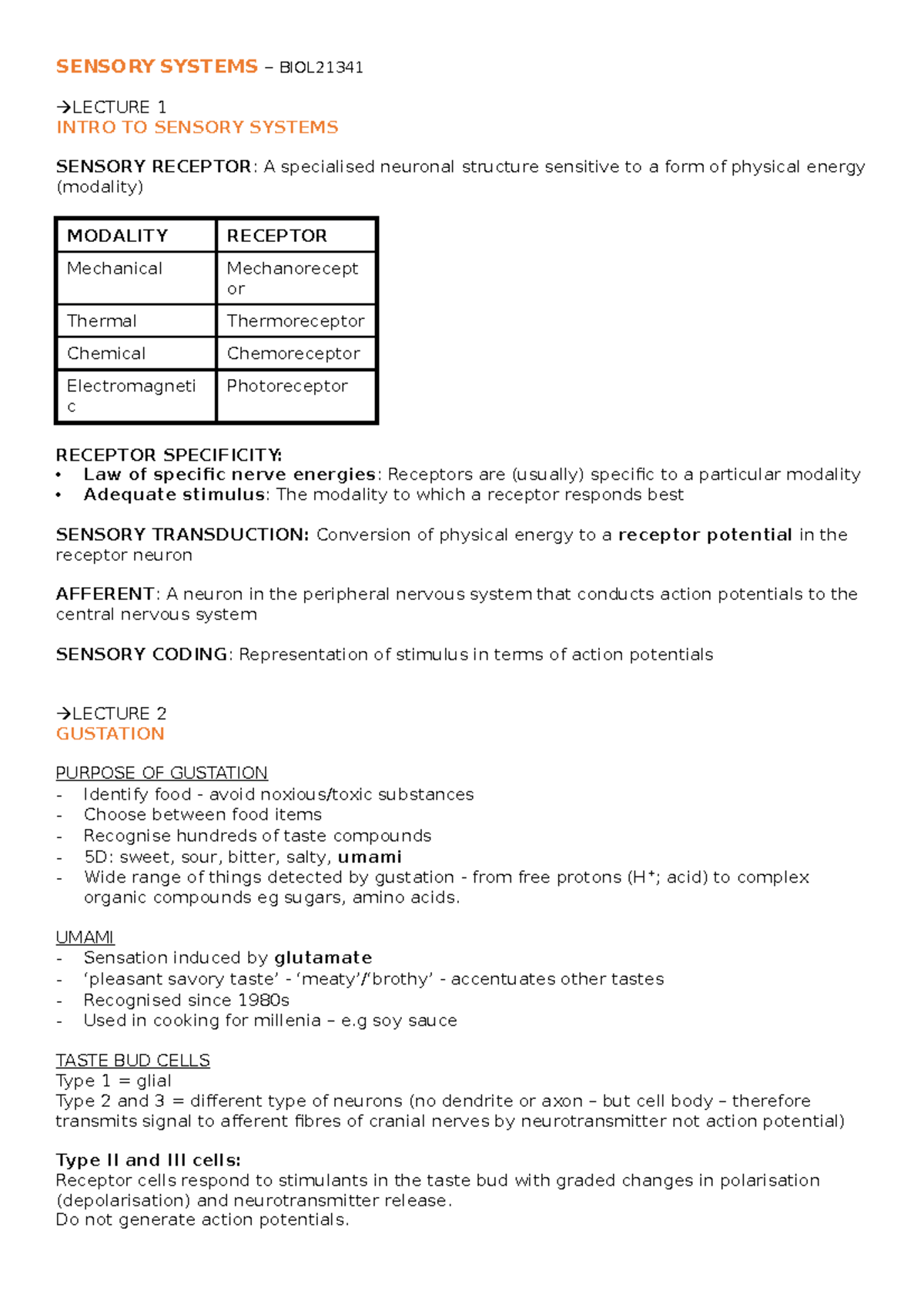 Sensory Systems studocu - SENSORY SYSTEMS – BIOL LECTURE 1 INTRO TO ...