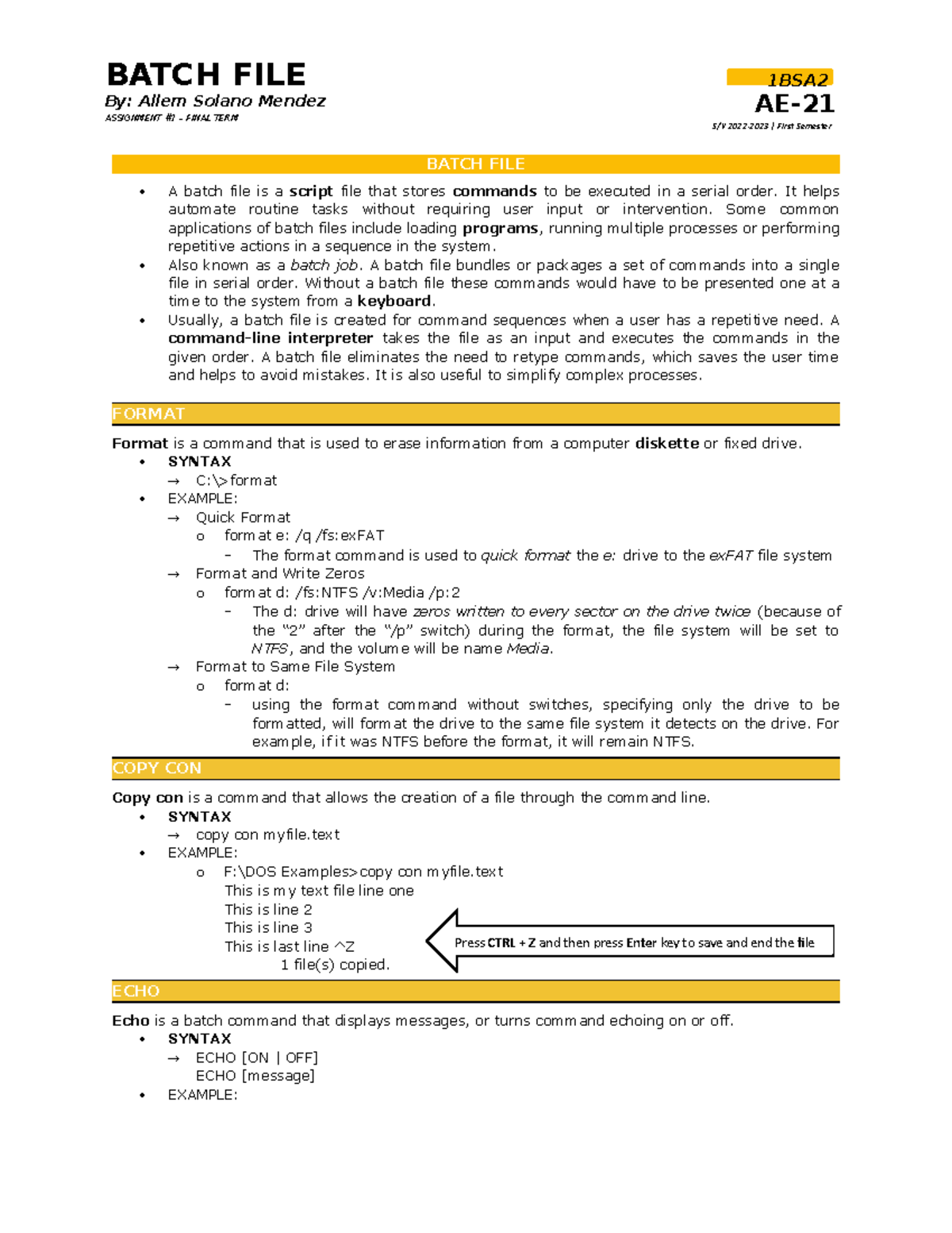 AE21-Assignment 1-FT - BATCH FILE 1BSA AE- S/Y 2022-2023 | First Semester By: Allem Solano ...