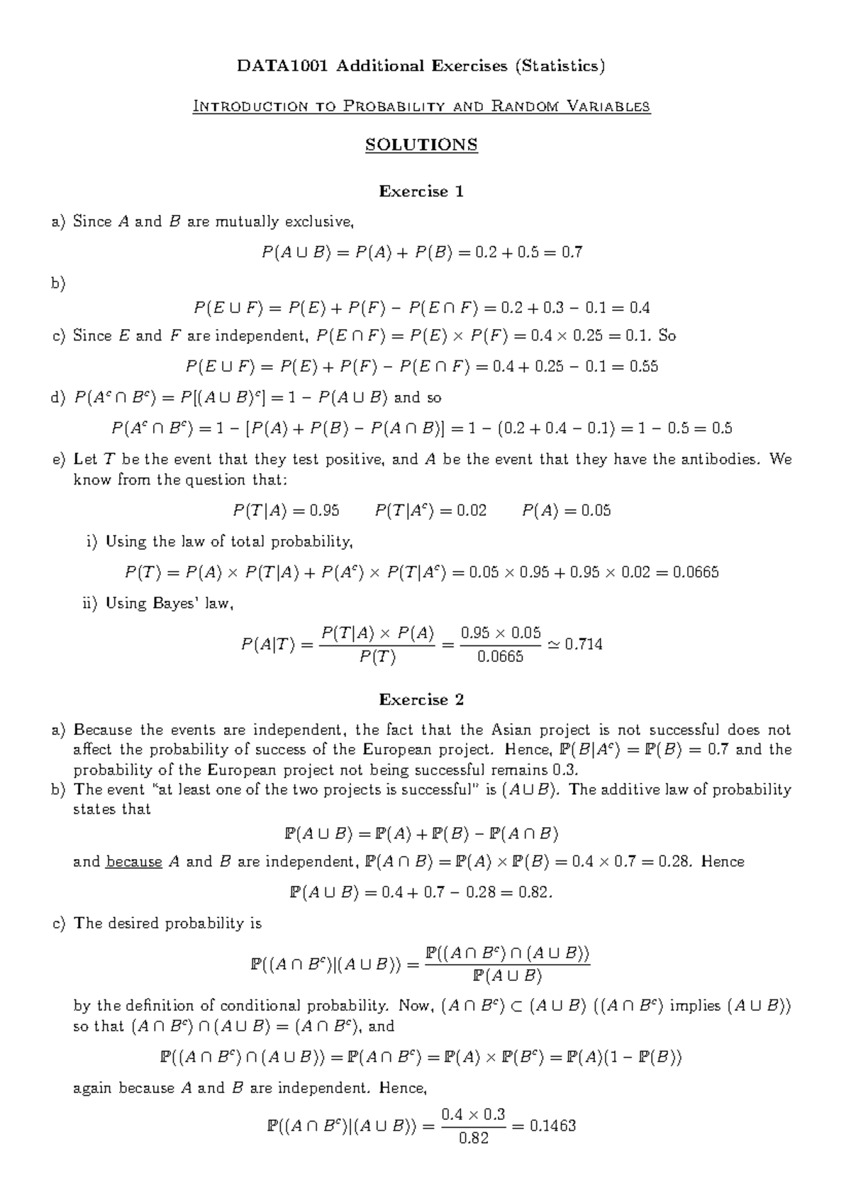 Additional Exercises Solutions (Statistics) - DATA1001 Additional Exercises (Statistics) - Studocu