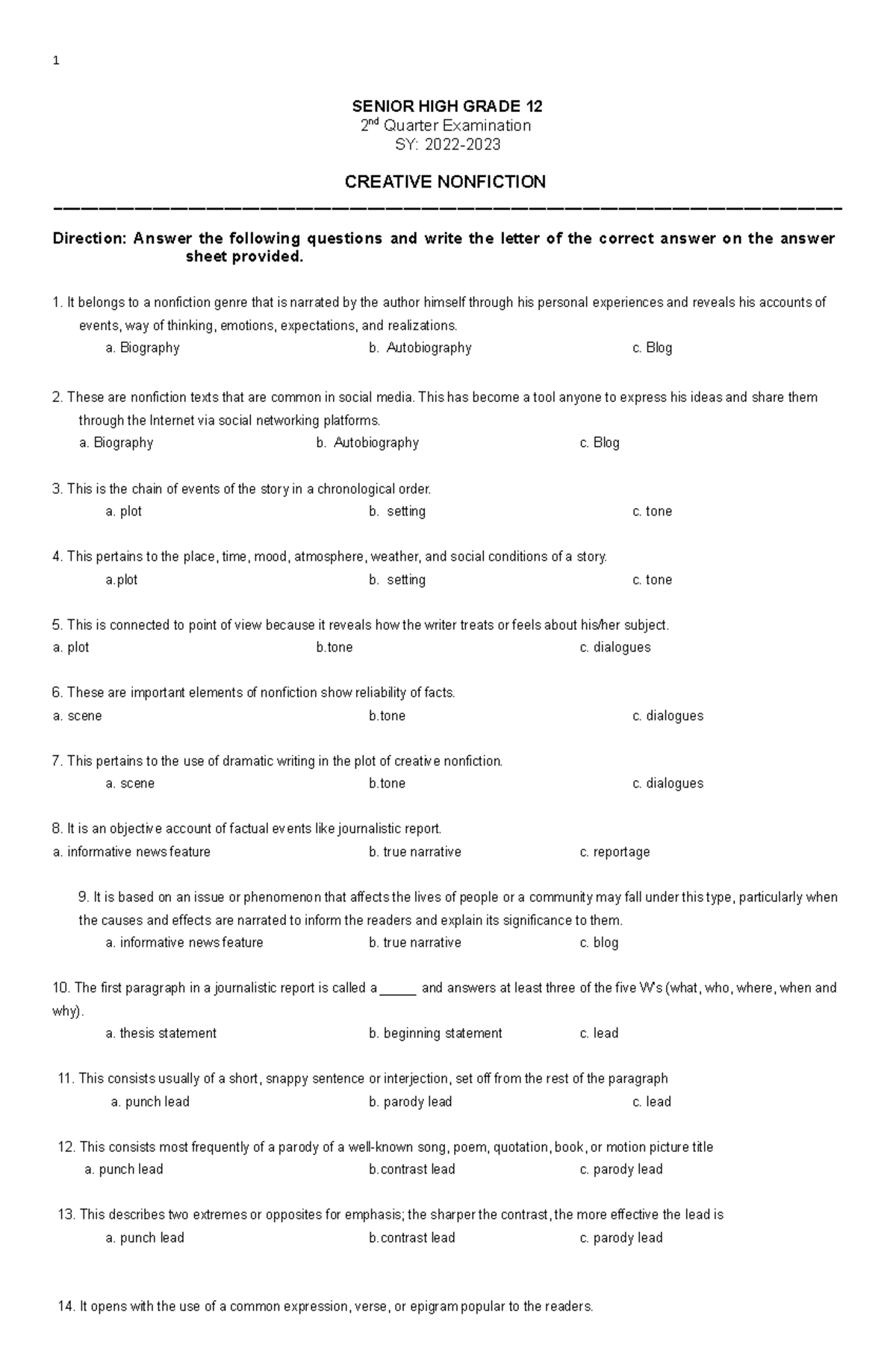Second Quarter Questionnaire - 1 SENIOR HIGH GRADE 12 2 nd Quarter ...