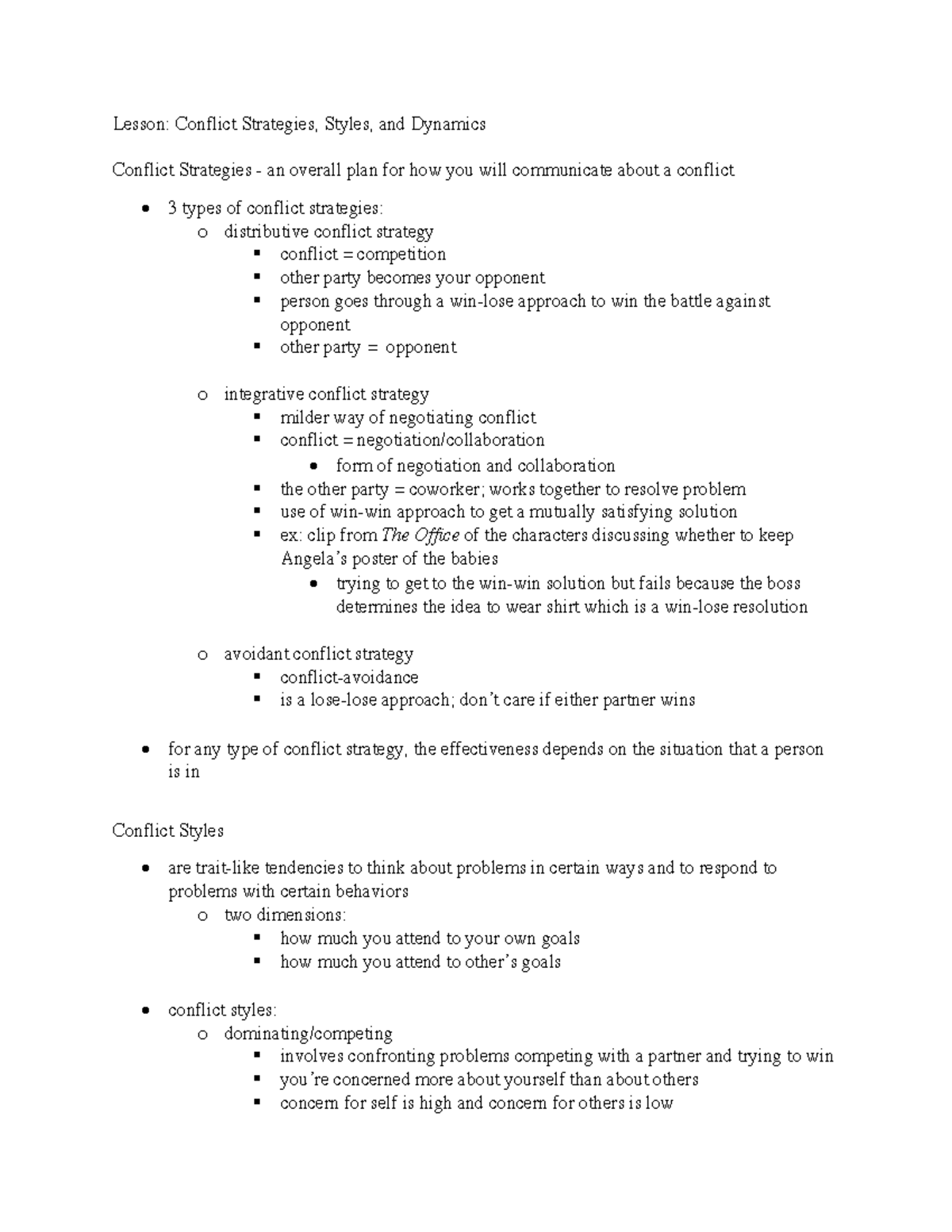 Conflict Strategies, Styles, and Dynamics - Studocu