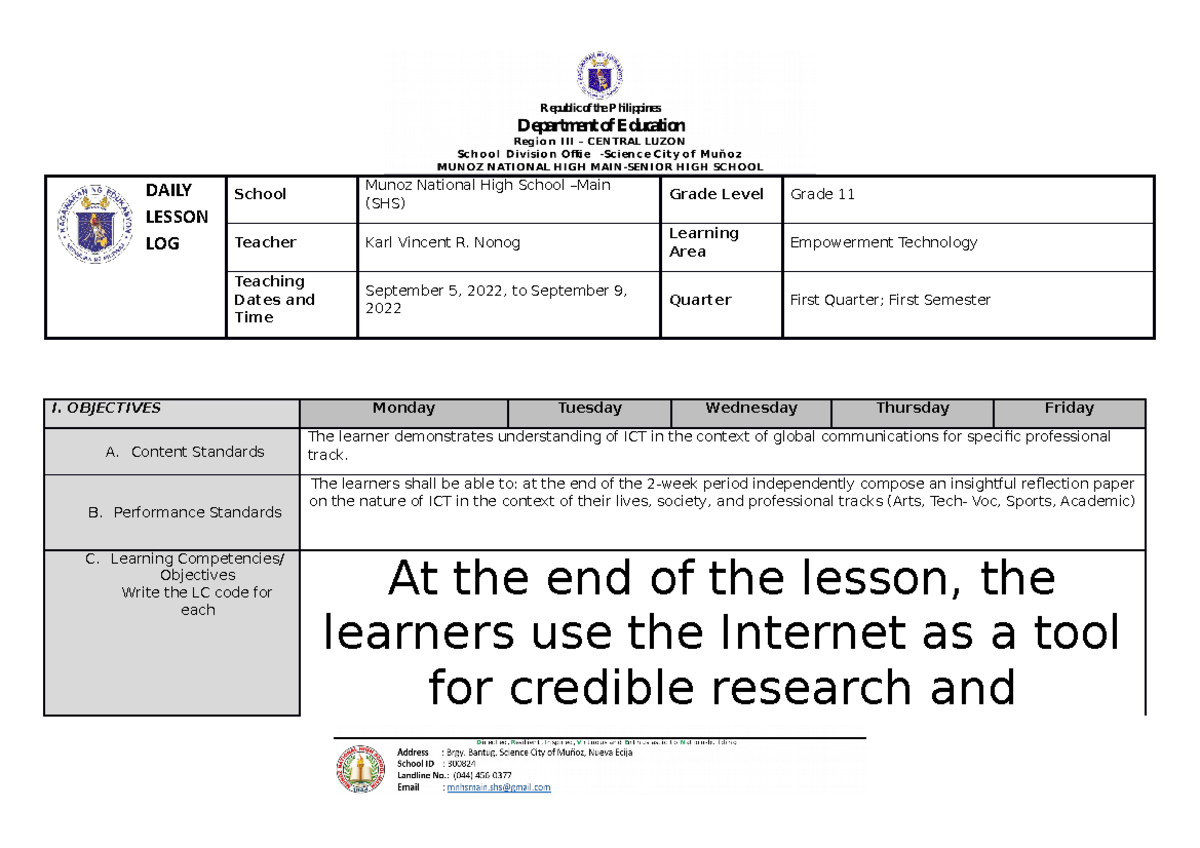Empowerment TECH 2ND WEEK DLL - DAILY LESSON LOG School Munoz National ...