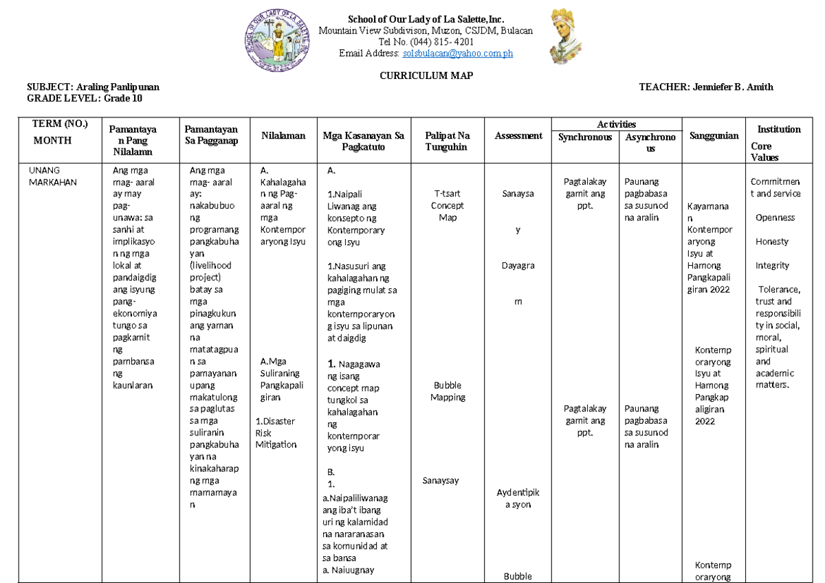 Curriculum MAP Grade 10 - School of Our Lady of La Salette,Inc ...