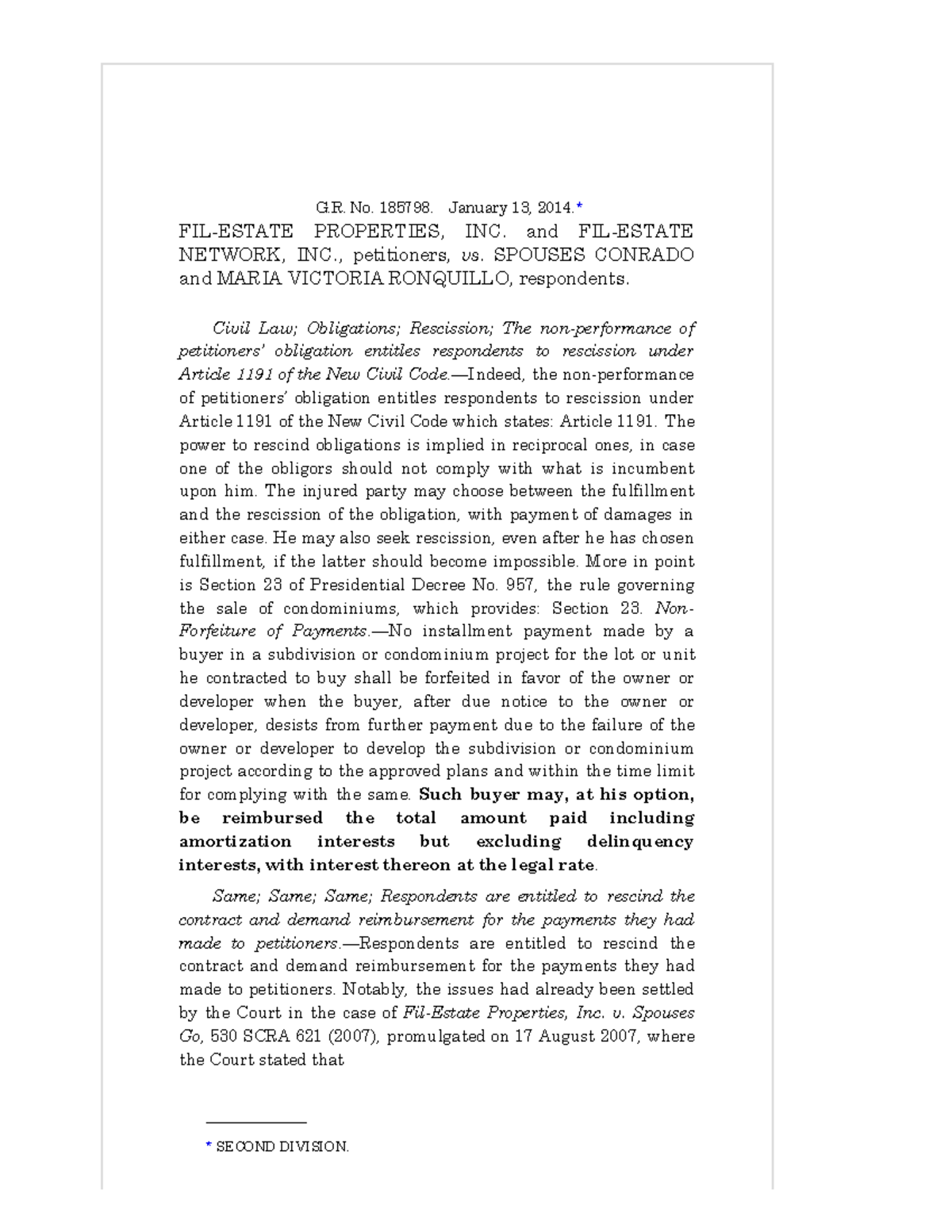 71 Fil-Estate v. Sps. Ronquillo - G. No. 185798. January 13, 2014.* FIL ...
