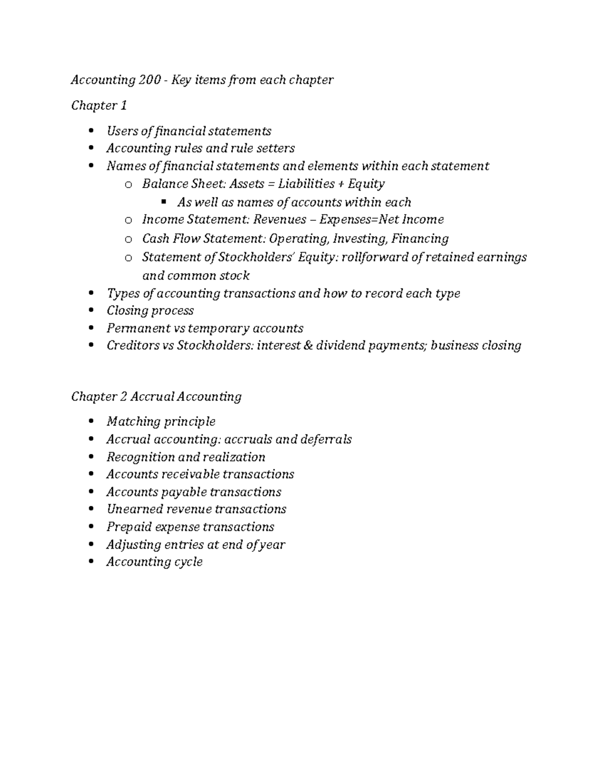 Chapter 1 & 2 Overview - Lecture notes 1 and 2 - Accounting 200 - Key ...