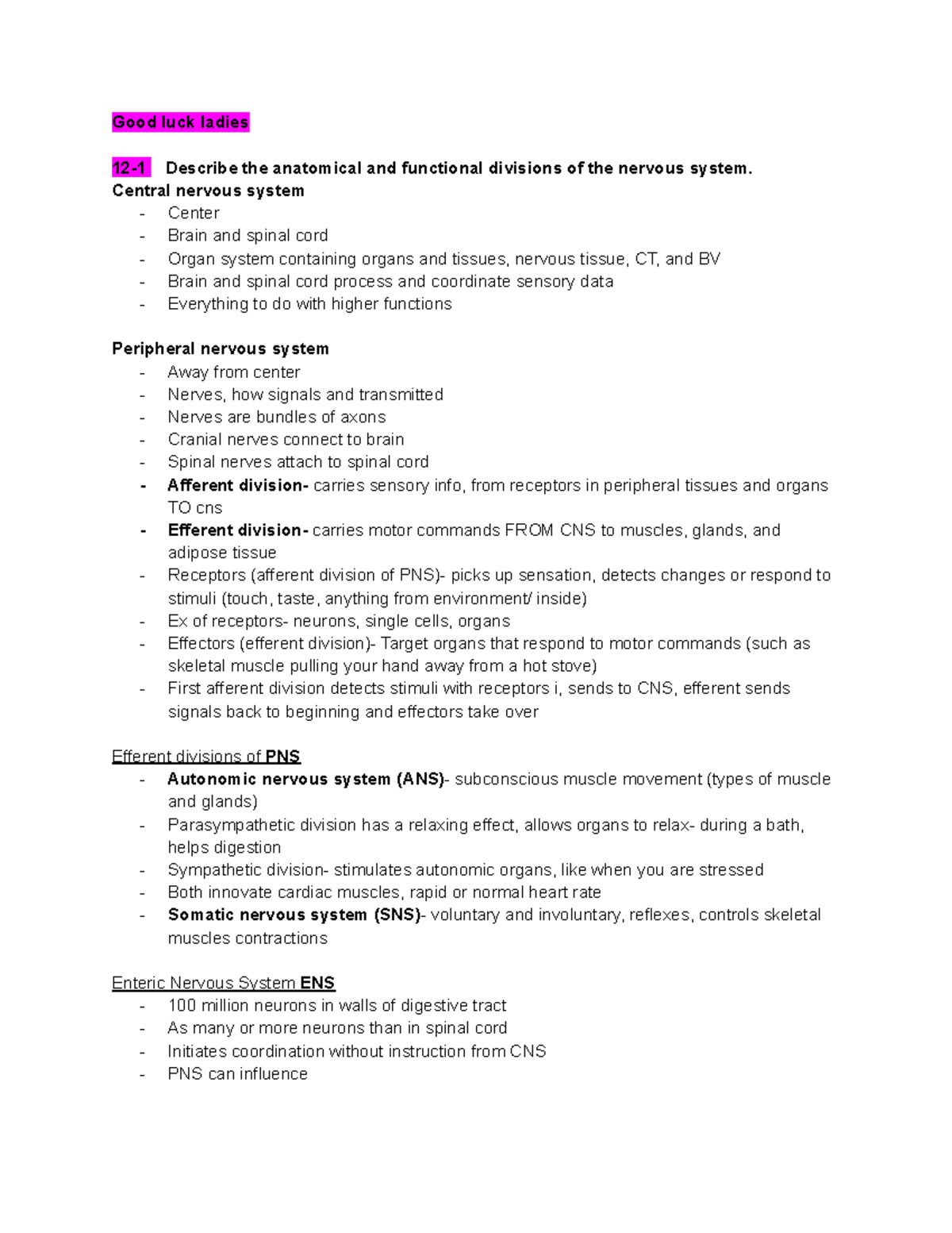 Anatomy and physiology 1 full online notes - Good luck ladies 12-1 ...