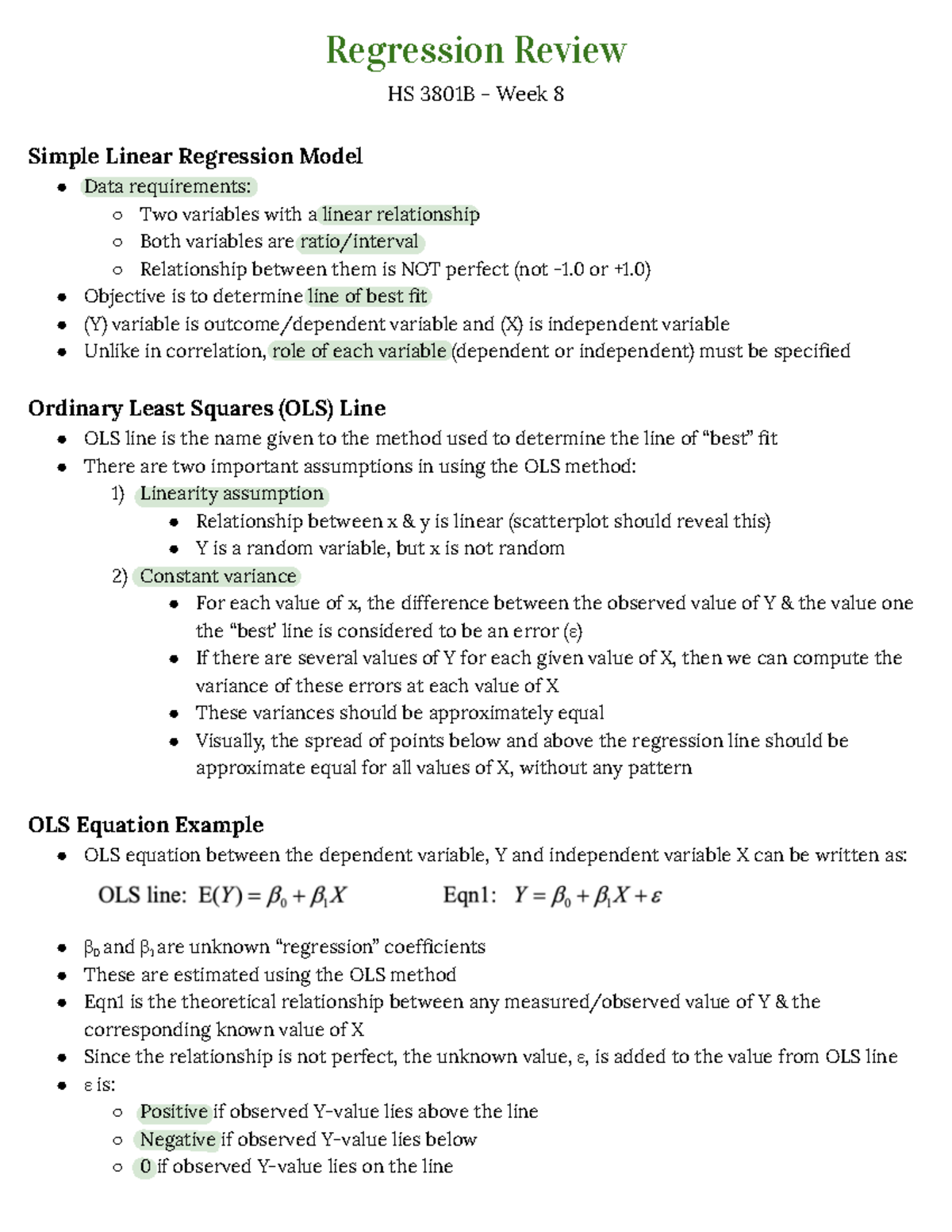 HS3801 Week 8 - Lecture notes - Regression Review HS 3801B - Week 8 ...