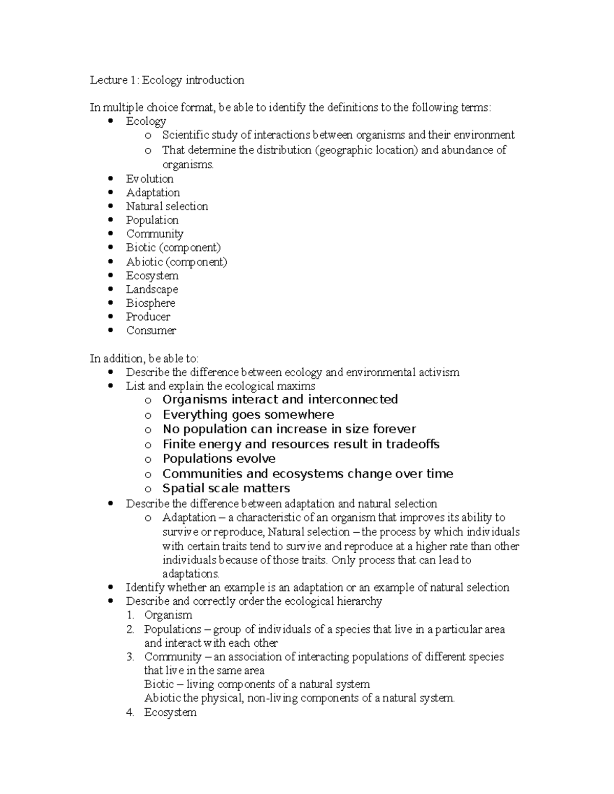 Lecture 1 outcome - Lecture 1: Ecology introduction In multiple choice ...