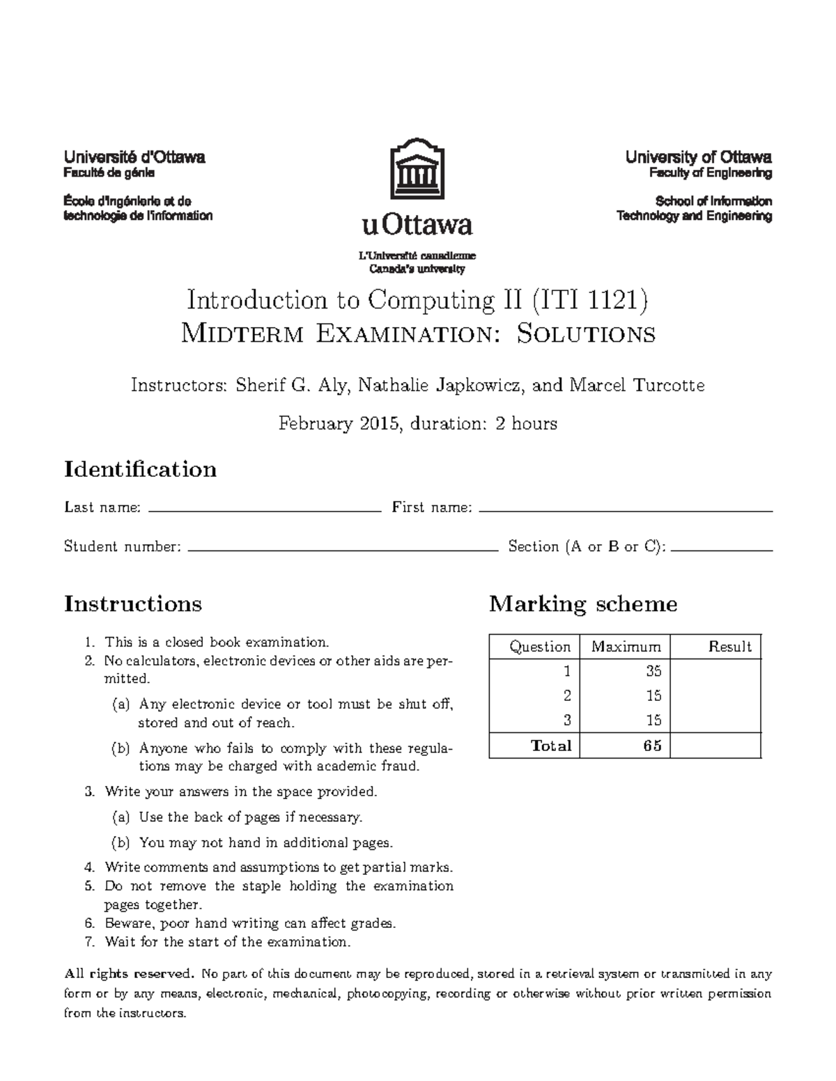 Winter 2015 solu - midterm - Introduction to Computing II (ITI 1121 ...