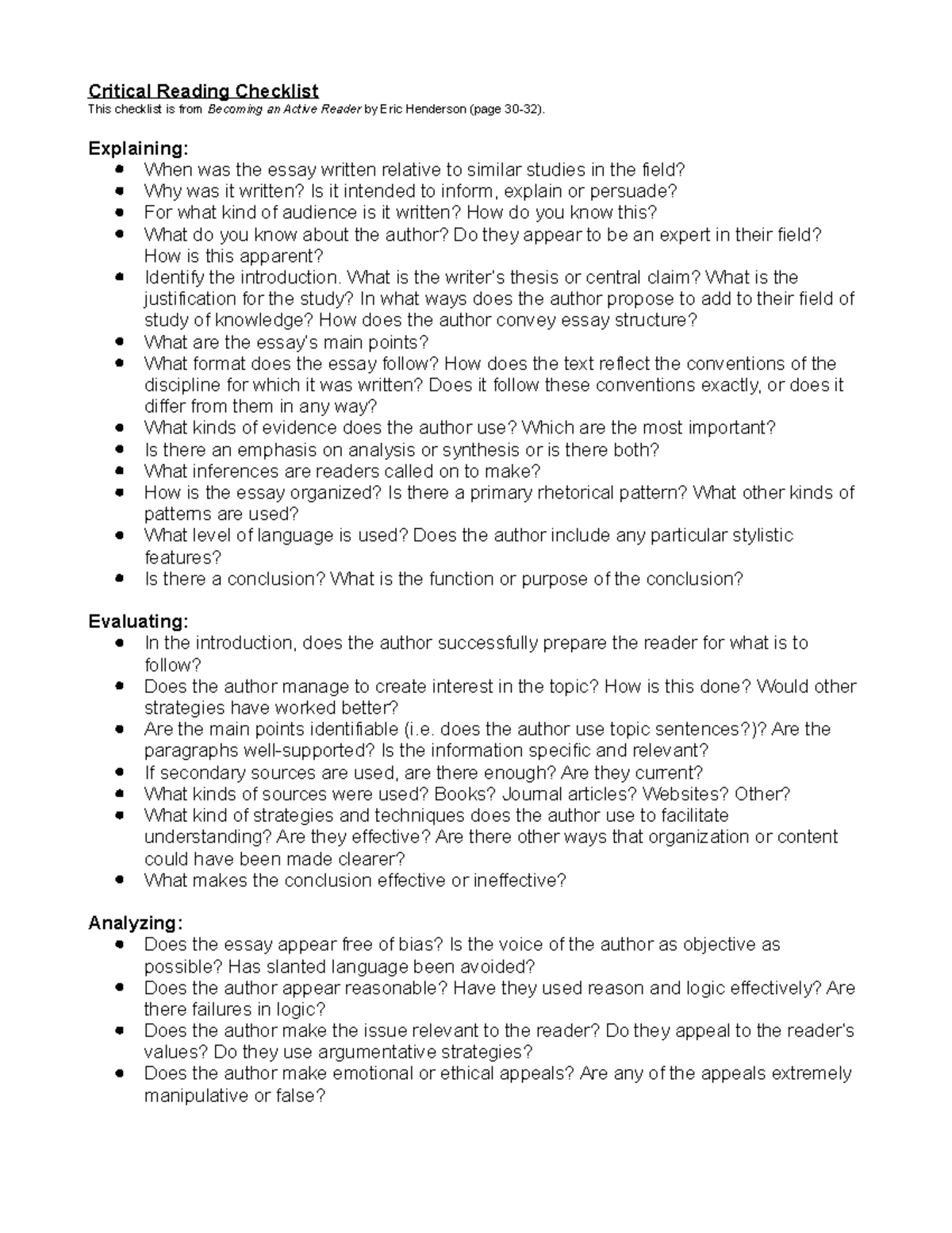Critical Reading Checklist 2 - Critical Reading Checklist This ...