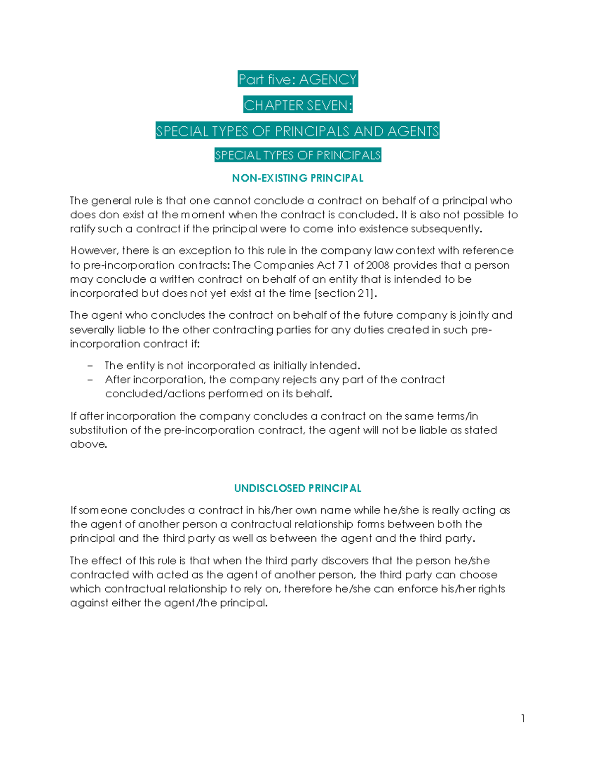 Chapter 7 - Summary Business Law - 1 Part five: AGENCY CHAPTER SEVEN ...