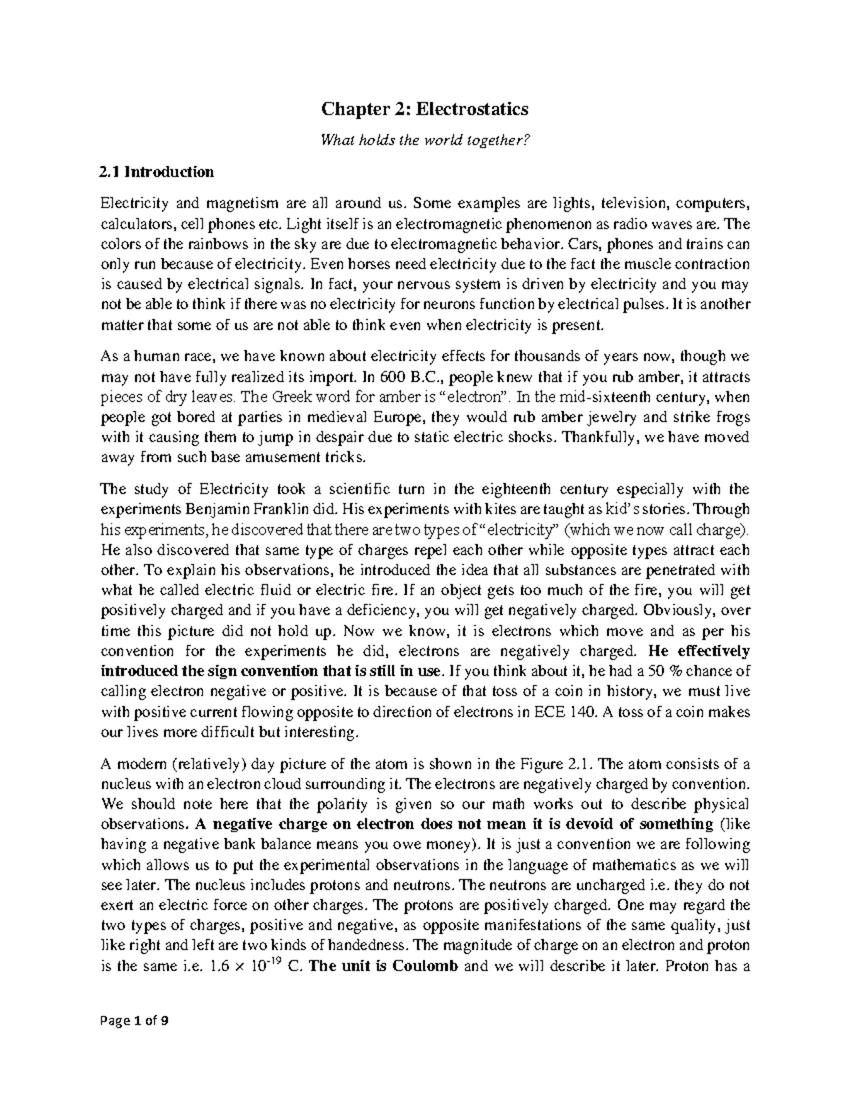 Chapter 2 Electrostatics - Chapter 2: Electrostatics What holds the world together? 2 ...