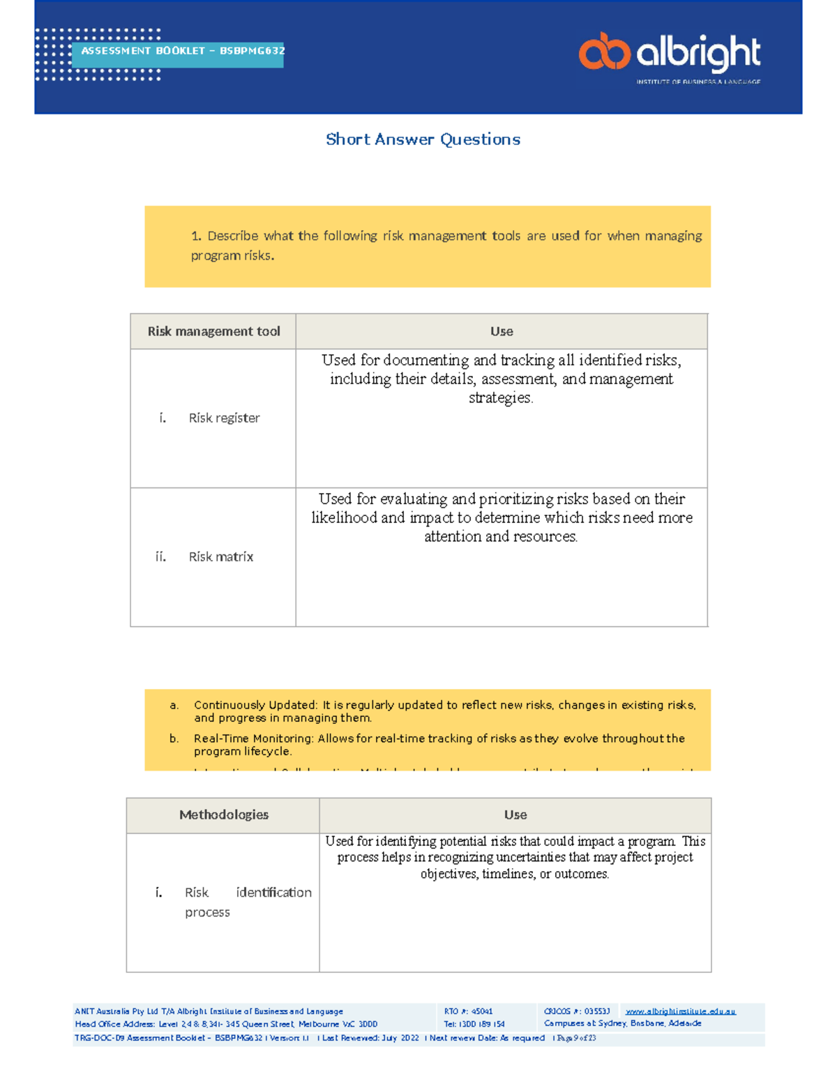 Manage program risk 1 Vanessa - ASSESSMENT BOOKLET – BSBPMG Short ...