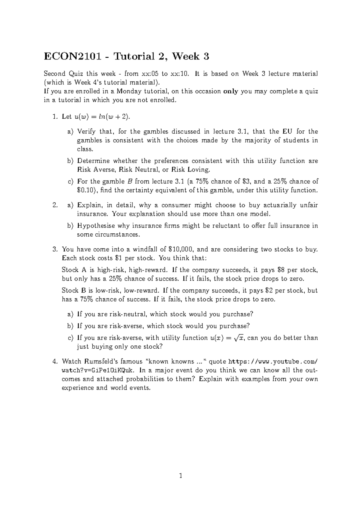 ECON2101 Tutorial 3 Week 4 - ECON2101 - Tutorial 2, Week 3 Second Quiz this week - from xx:05 to ...