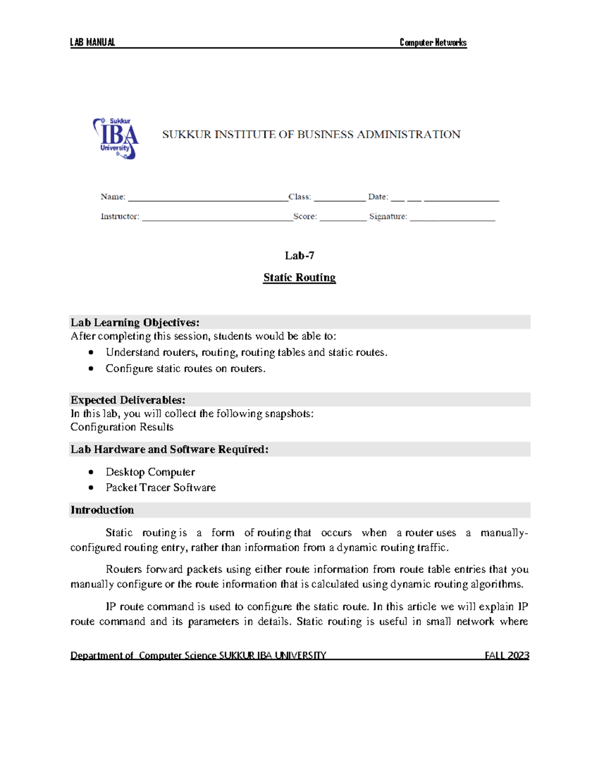 Lab Seven Static Routing Lab 7 Static Routing Lab Learning