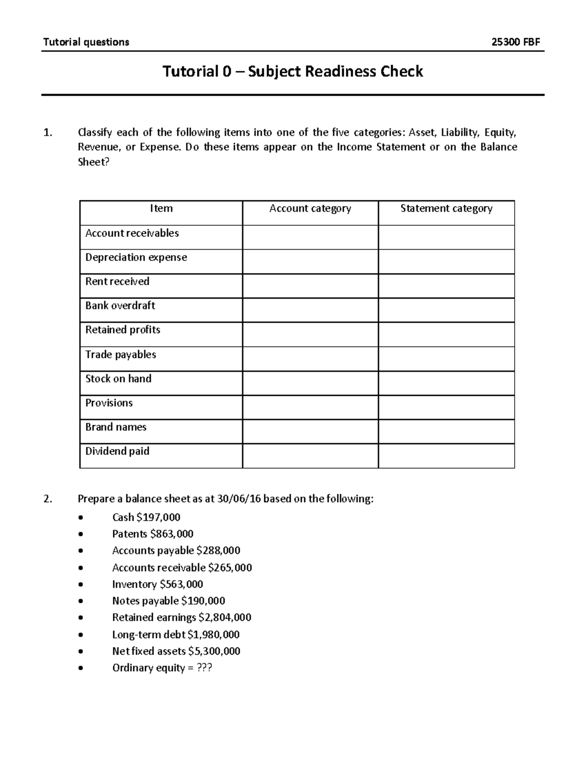 Reading checkness - tutorial 0 - Tutorial questions 25300 FBF Tutorial 0 – Subject Readiness ...