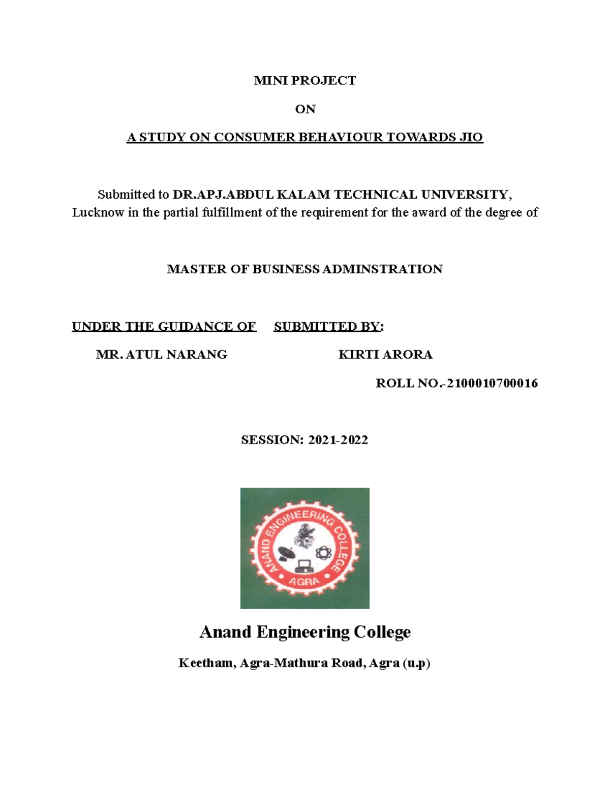 MINI Project - MINI PROJECT ON A STUDY ON CONSUMER BEHAVIOUR TOWARDS ...