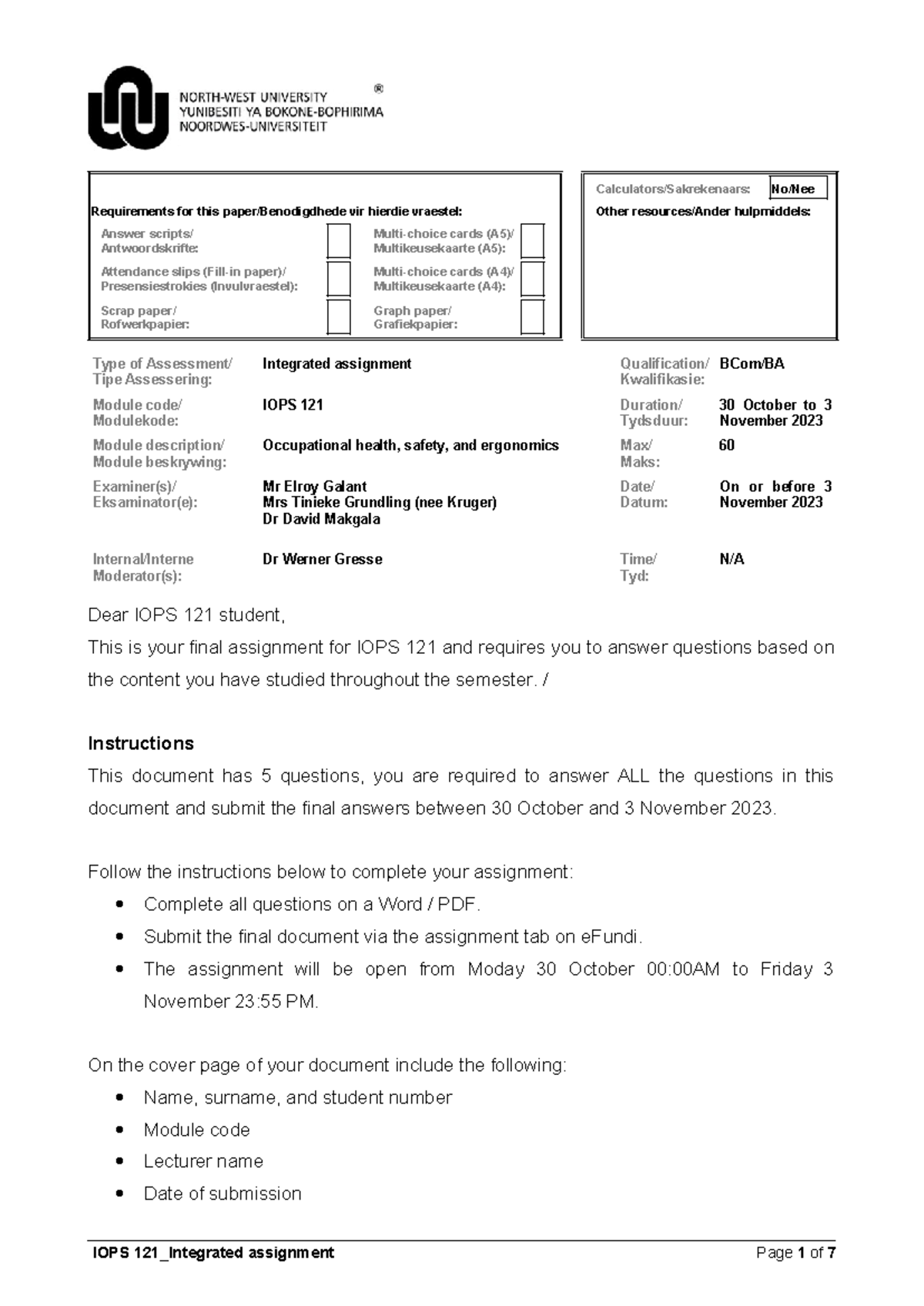 IOPS 121 Integrated assignment- Final memo - Calculators/Sakrekenaars ...