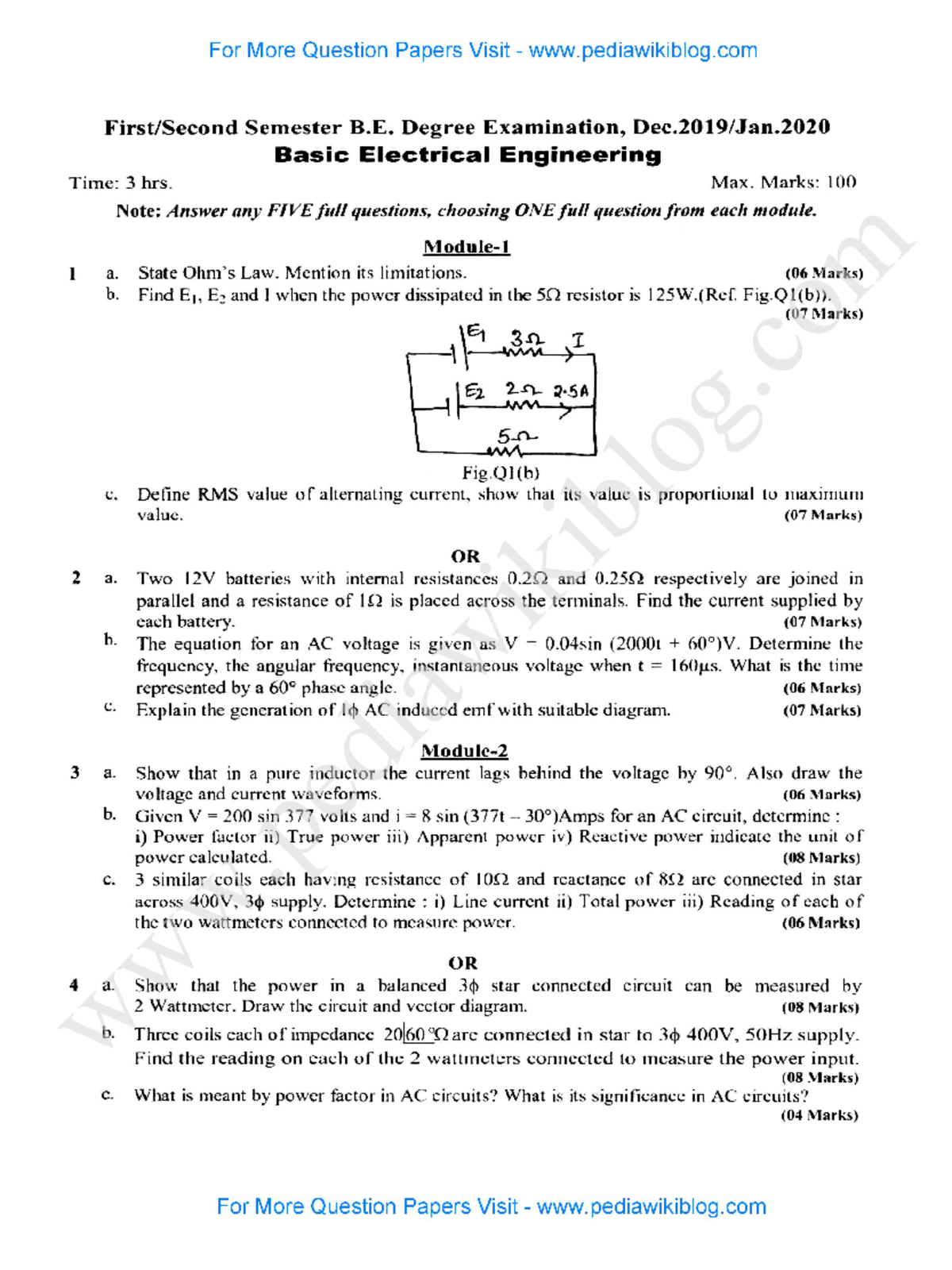 Basic Electrical Engg Jan 2020 (2018 Scheme) - Basic Electrical Engineering - Studocu