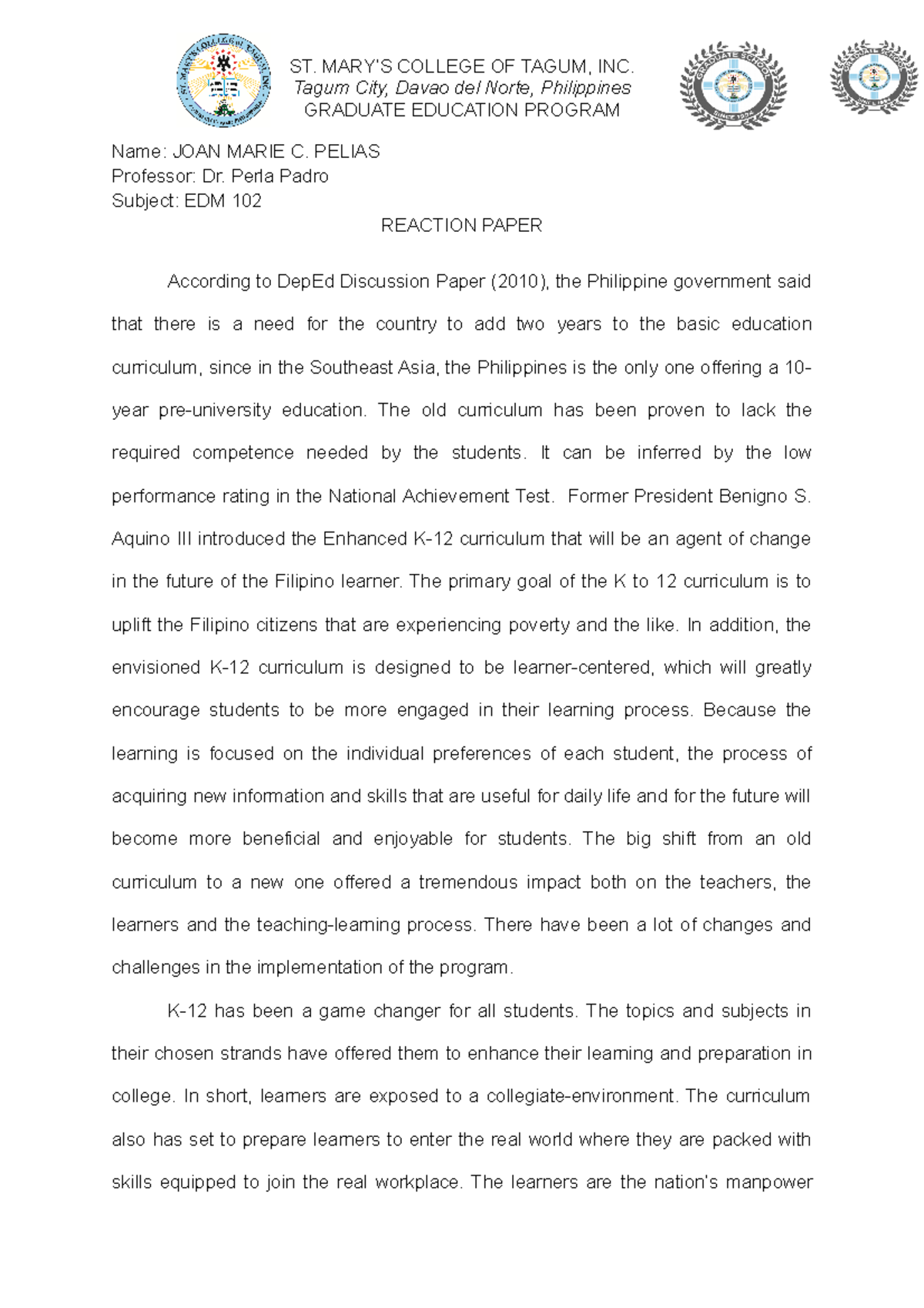 Reaction Paper about deped curriculum - ST. MARY’S COLLEGE OF TAGUM ...