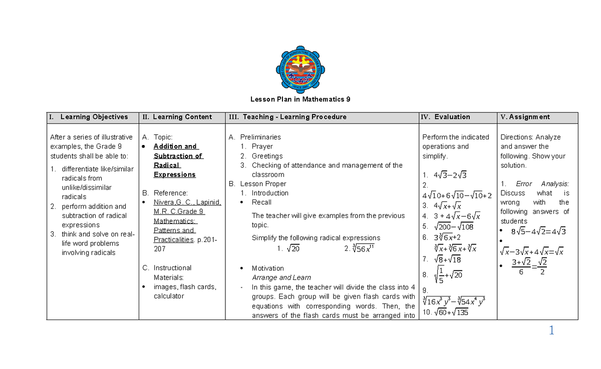 Semi Detailed Lesson Plan in Mathematics - Lesson Plan in Mathematics 9 ...