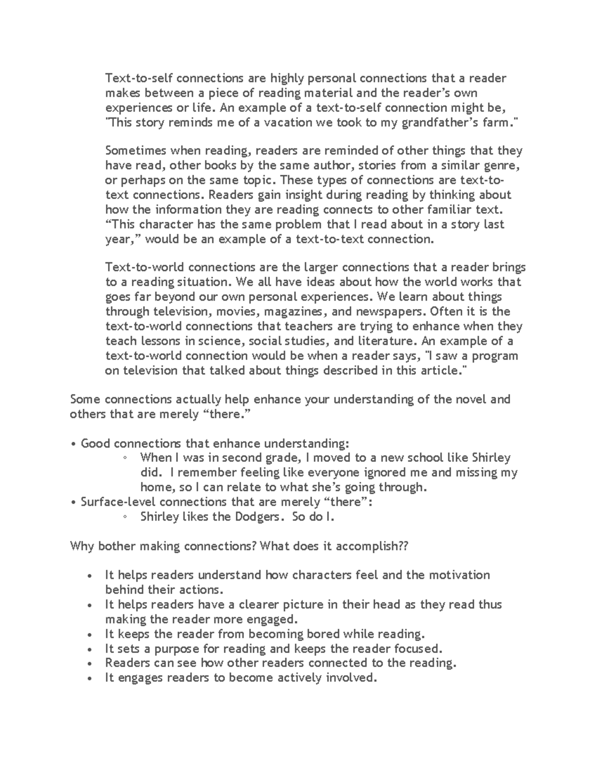 12 Making Connections Handout - Text-to-self connections are highly ...