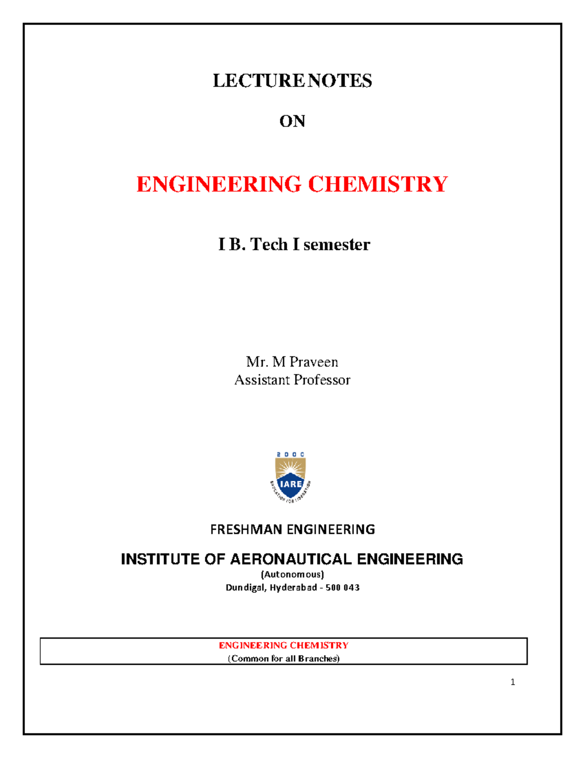2nd Sem Engg Chemhh - LECTURE NOTES ON ENGINEERING CHEMISTRY I B. Tech ...